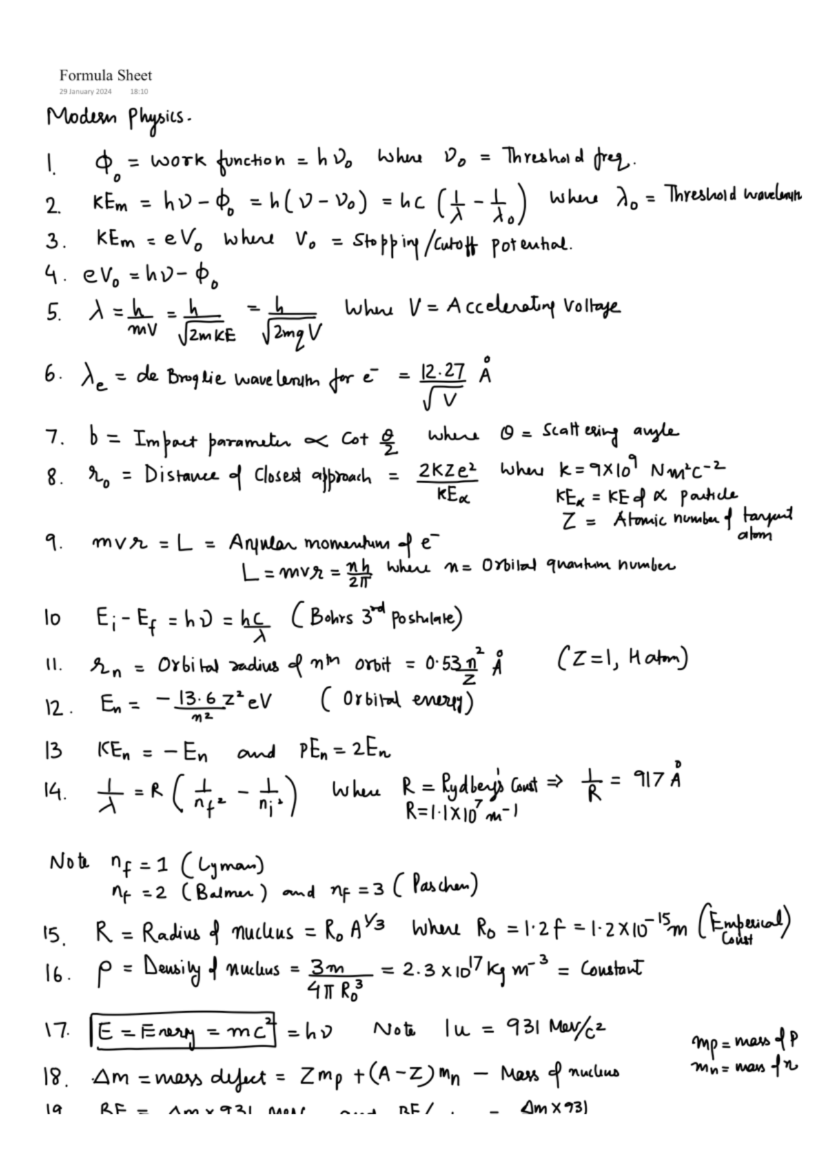 Formula Sheet - 1. Q. work function h v. where Do Threshold freq. 2 ...