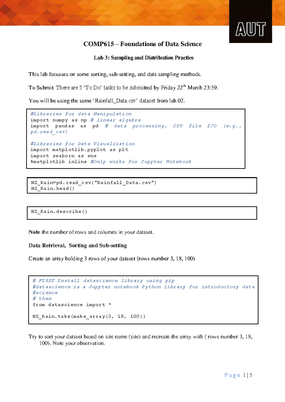 COMP615 Foundations of Data Science Lab 3: Sampling & Distribution ...