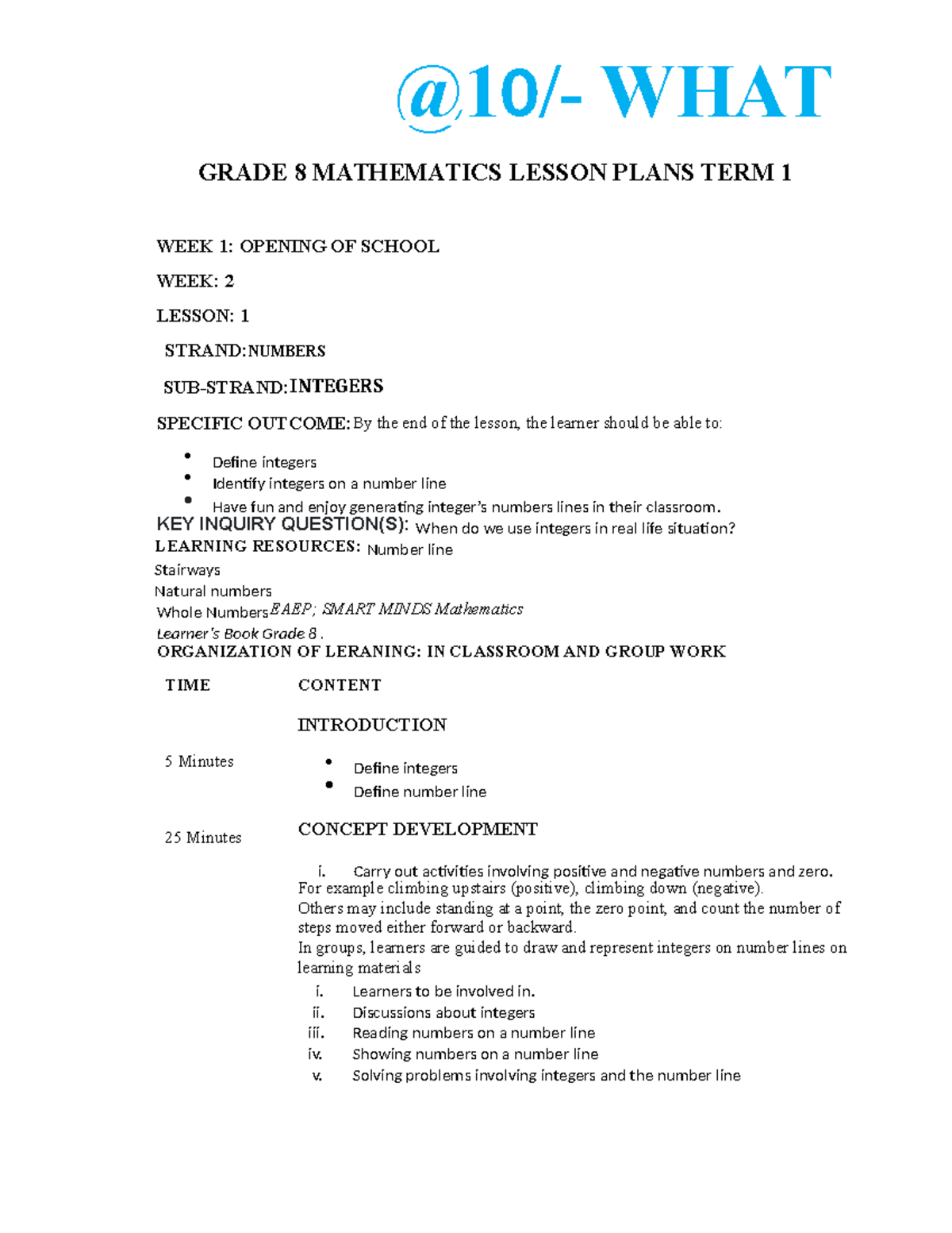 Grade 8 Mathematics Lesson Plans: Term 1 Weeks 1-9 Overview - Studocu