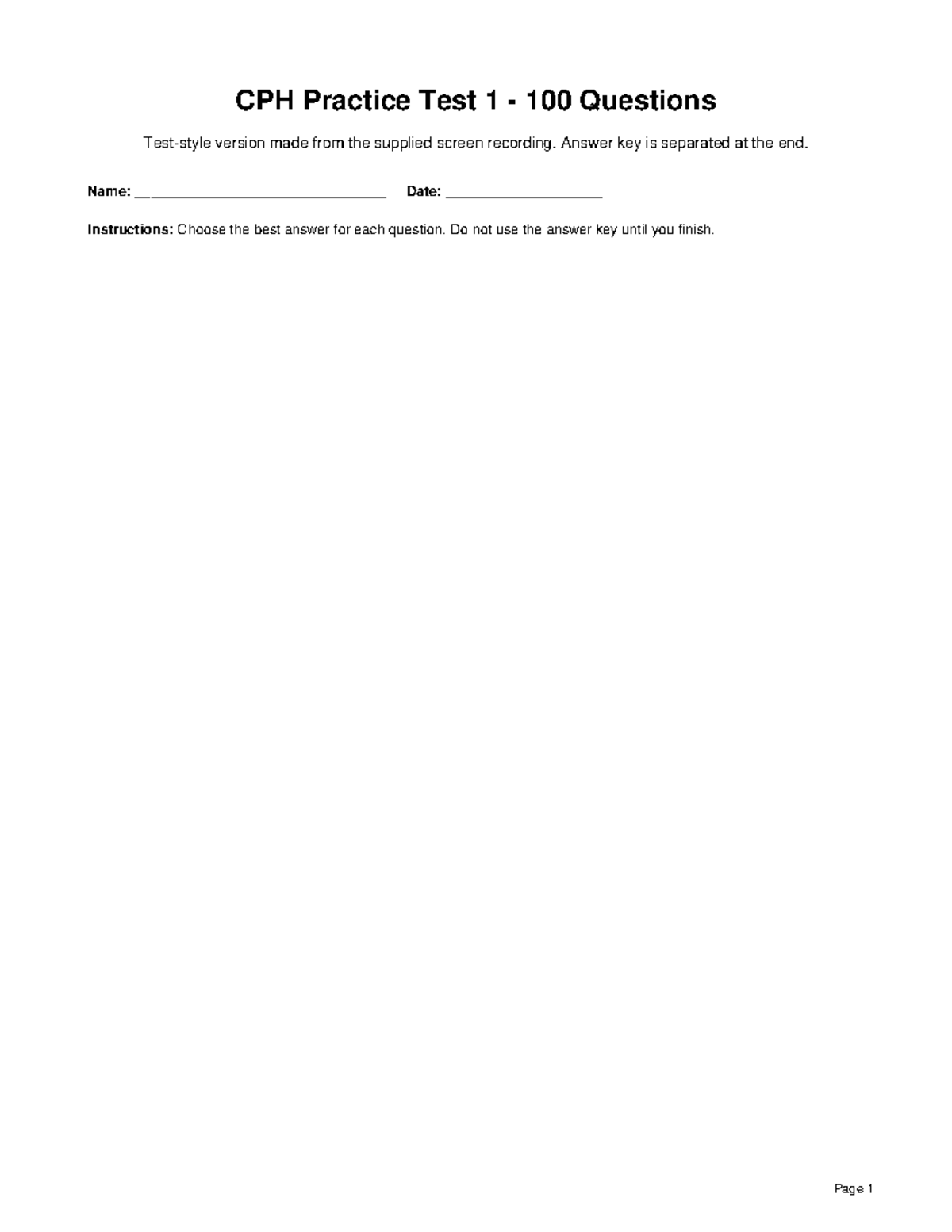 CPH Practice Test 1: 100 Questions with Answer Key - Studocu