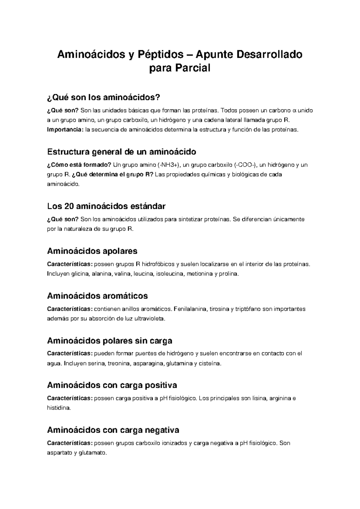 Apunte sobre Aminoácidos y Péptidos para Parcial - Studocu
