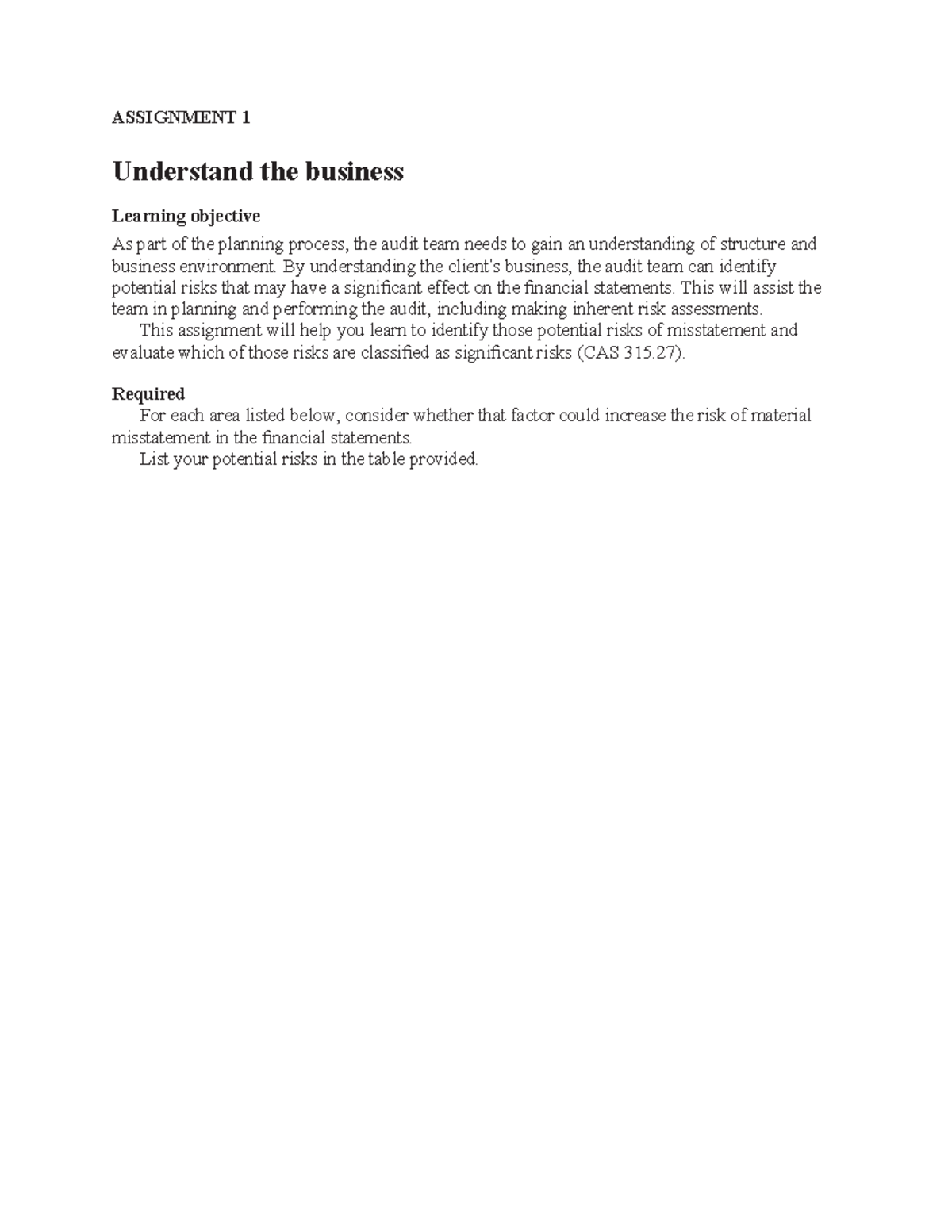 RPM Assignment 1: Understanding Business Risks in Auditing - Studocu