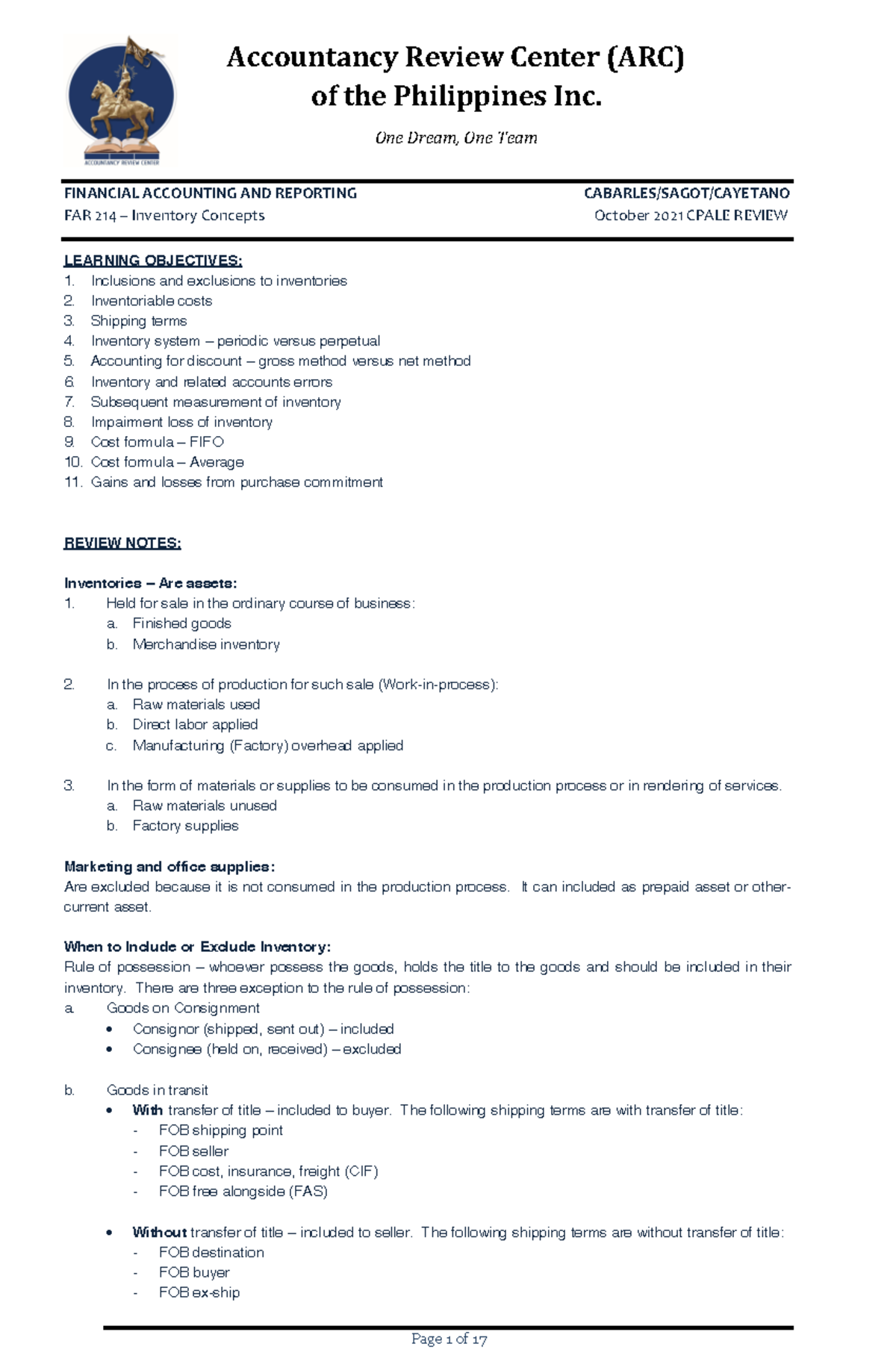 FAR 214 Final Exam Notes on Inventory Concepts and Methods - Studocu