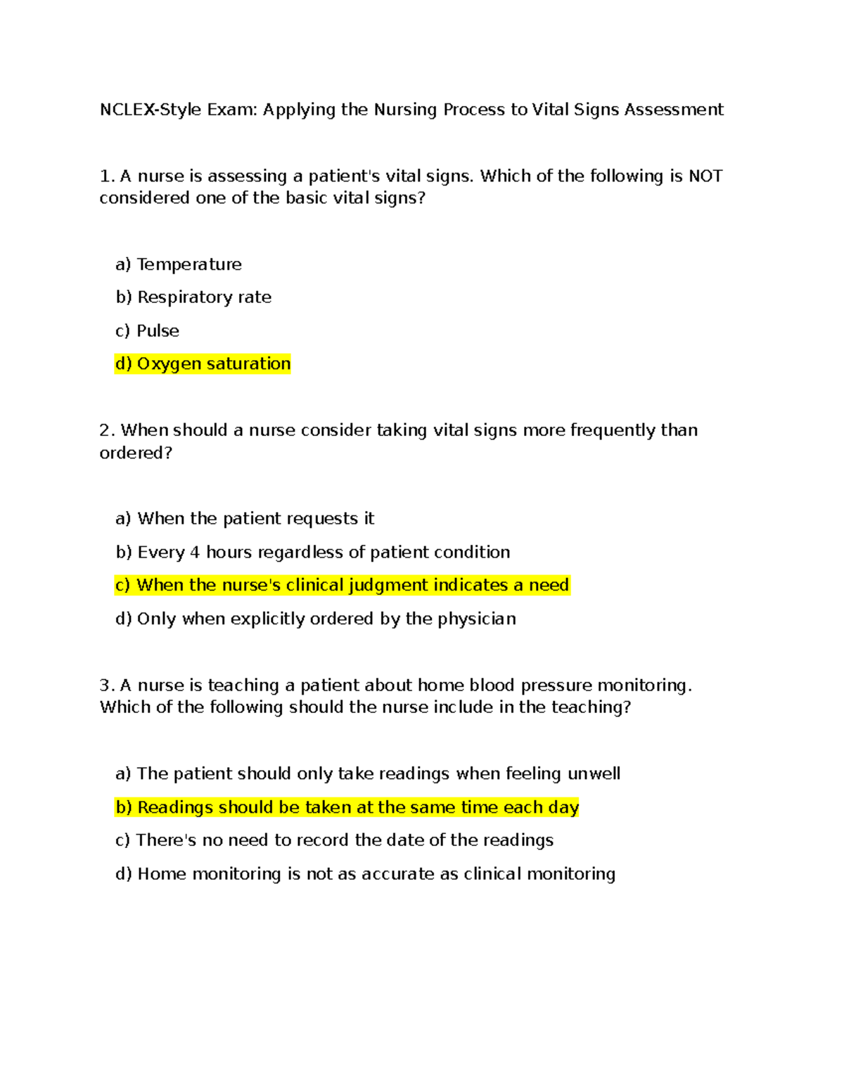 Practice Questions: Nursing Process & Vital Signs Assessment (Exam 1 ...