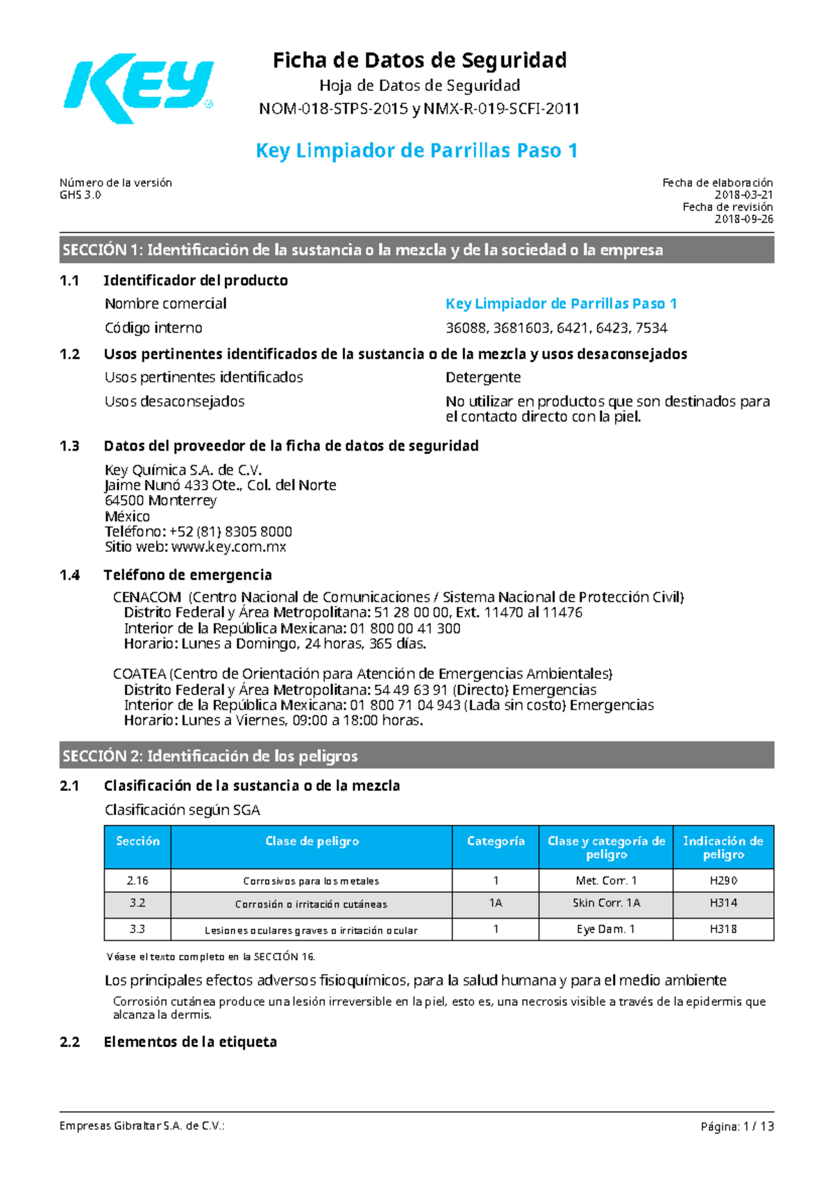 Ficha de Datos de Seguridad GHS 3.0 - Key Limpiador de Parrillas Paso 1 ...