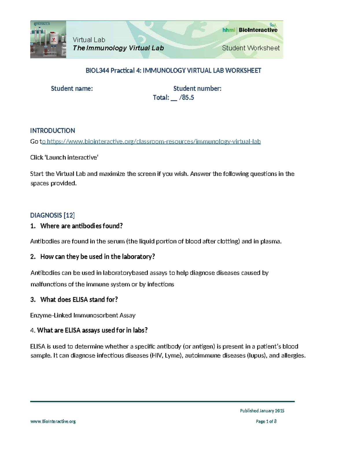 BIOL344 Practical 4: Immunology Virtual Lab Worksheet - Studocu