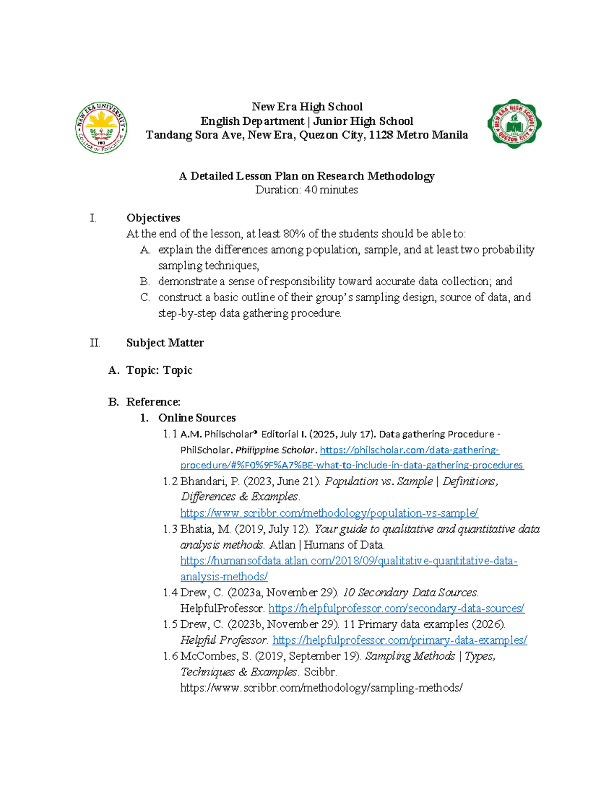 DLP: Research Methodology for Junior High School (JHS) - Studocu