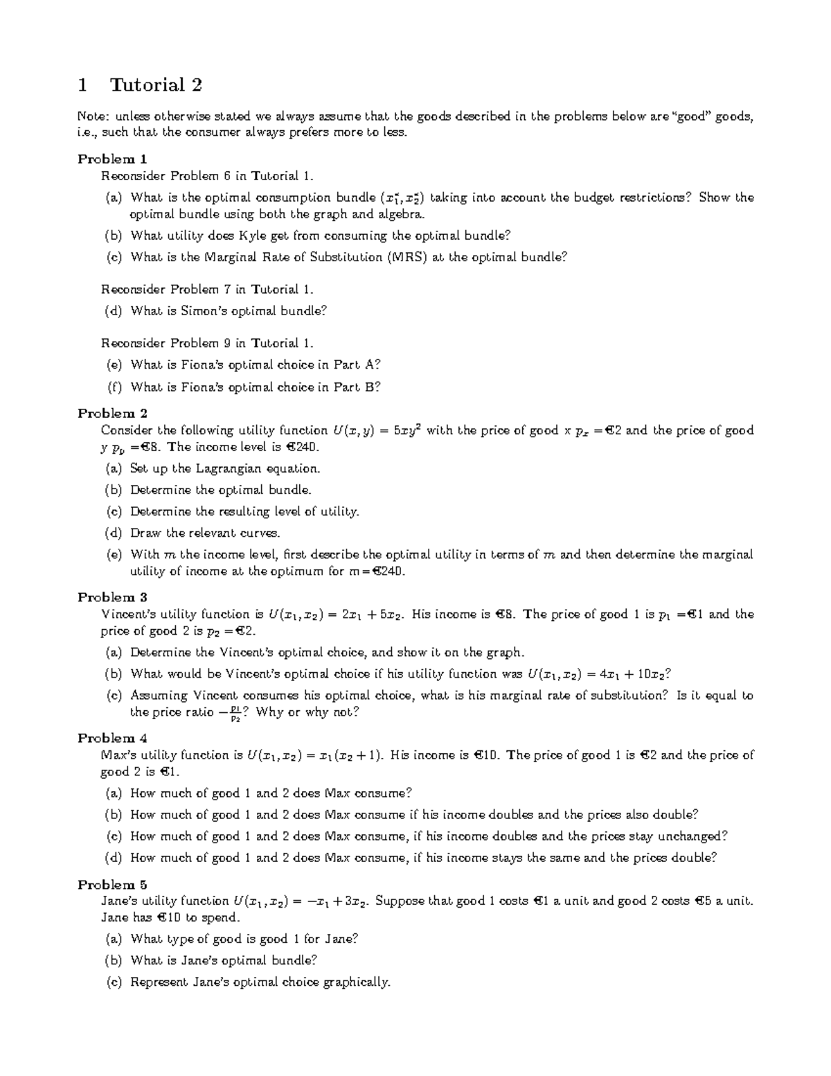 1CK90 Microeconomics Tutorial Exercises - Week 2 Solutions - Studeersnel