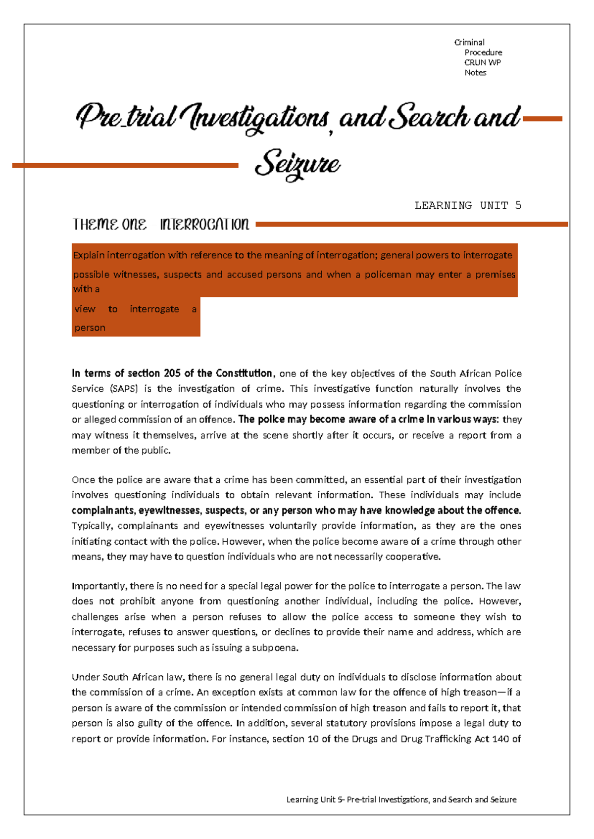 Criminal Procedure CRUN WP Notes: Interrogation & Police Powers in SA ...