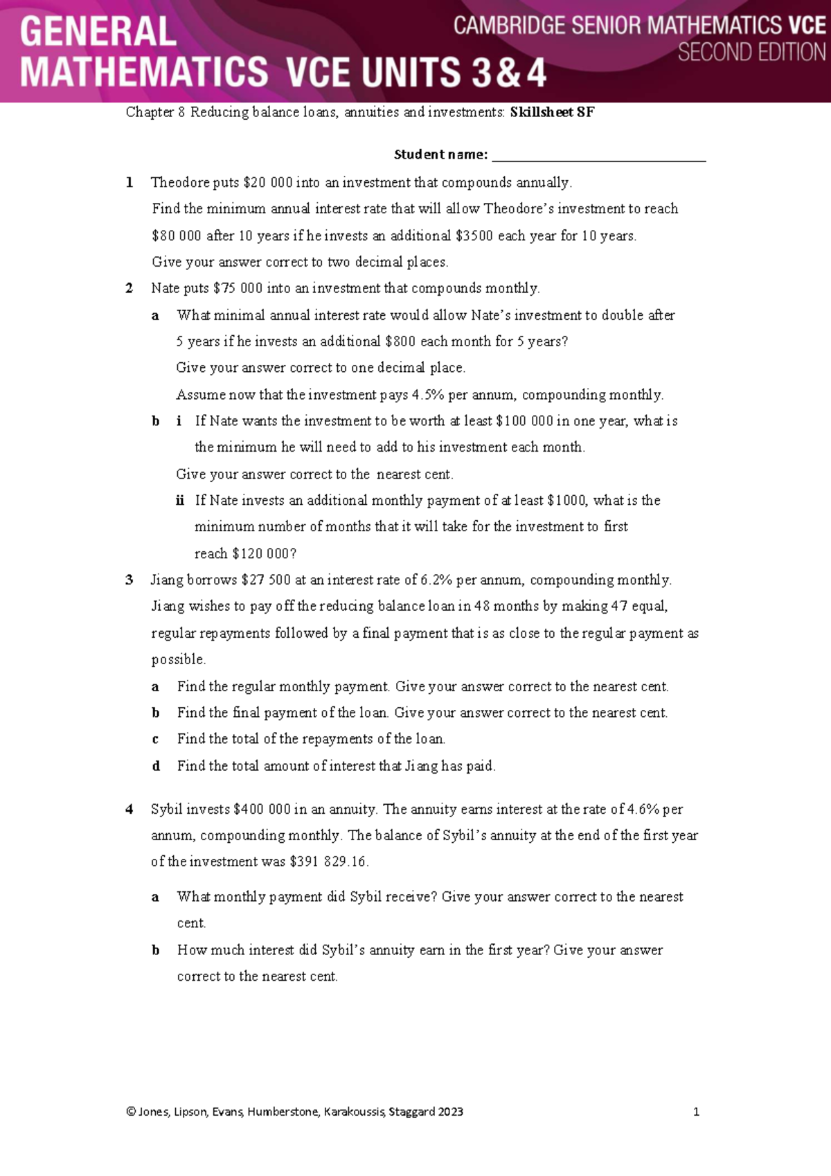 Chapter 8: Reducing Balance Loans, Annuities & Investments - Skillsheet ...