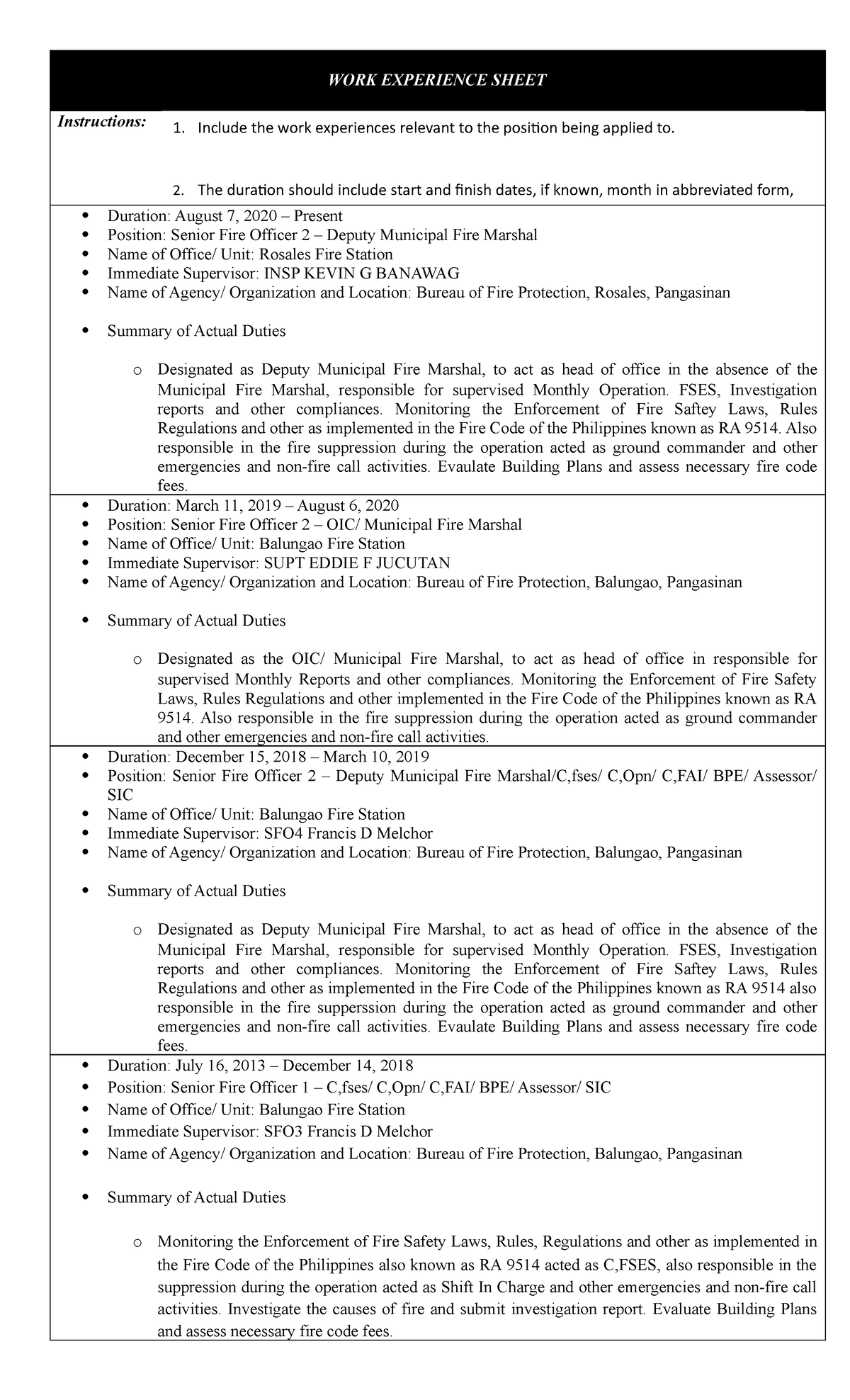 WORK Experience Sheet: Senior Fire Officer Position Summary - Studocu