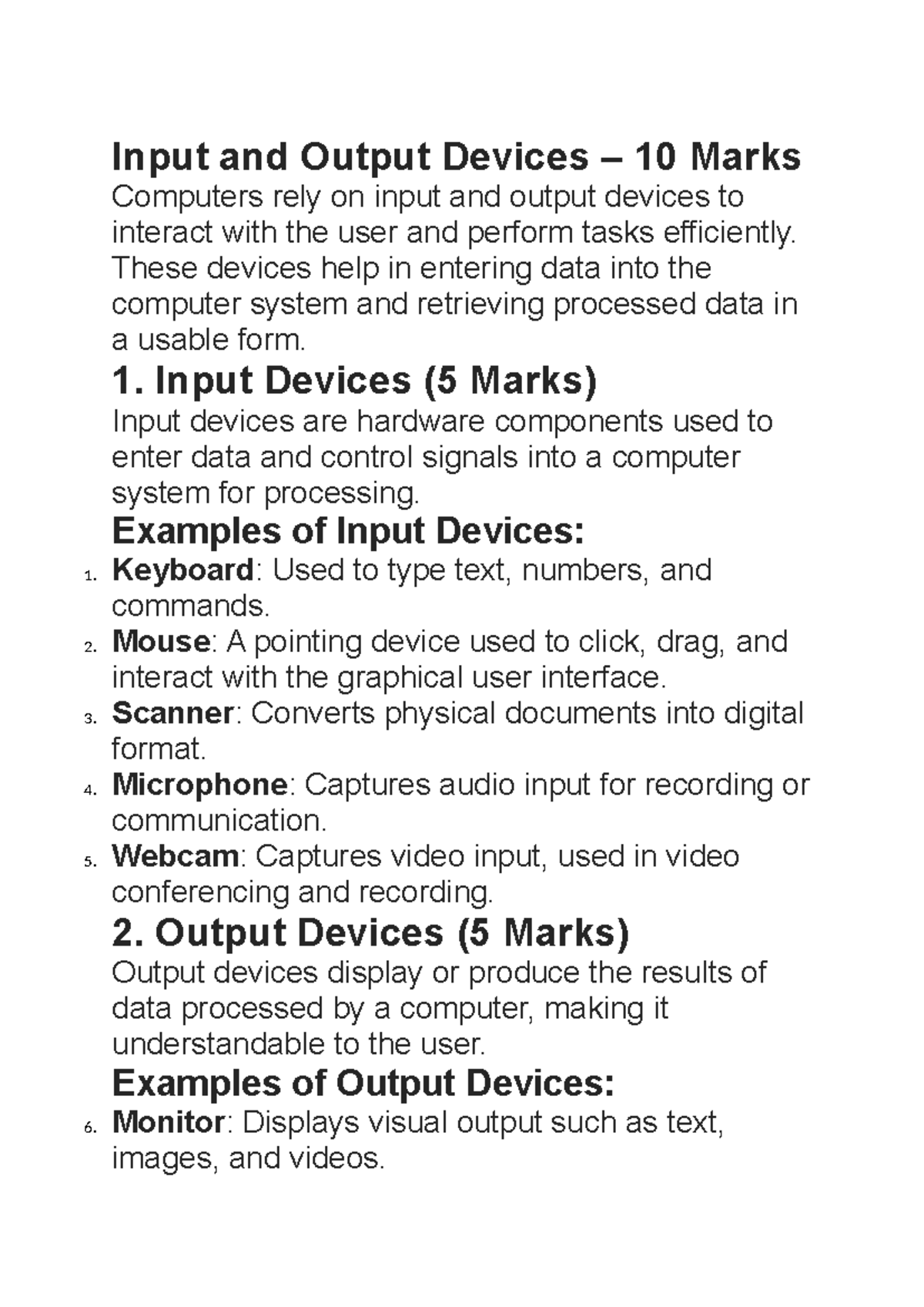 Input and Output Devices Overview - 10 Marks - Studocu