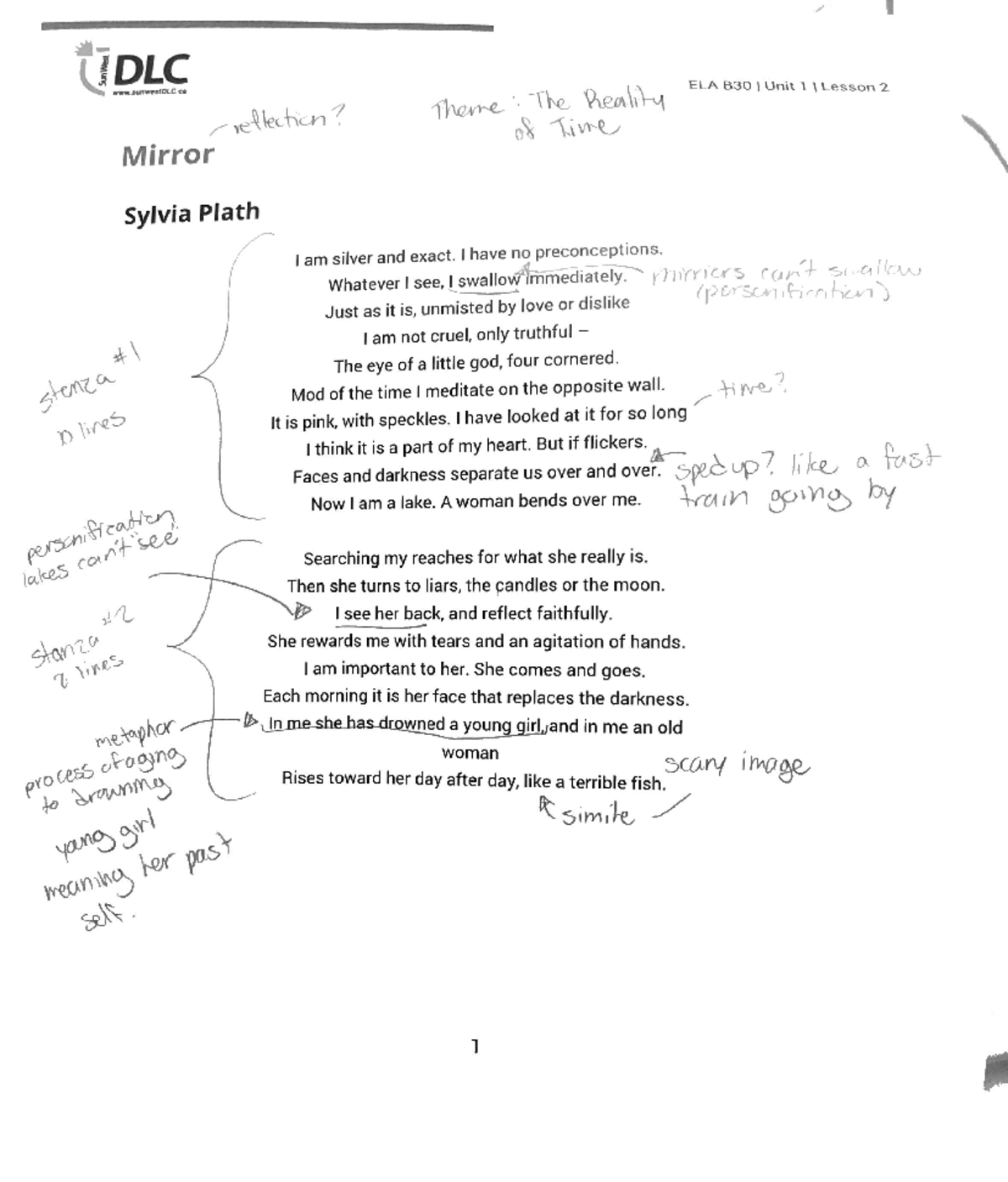 Annotated Mirror by Sylvia Plath - DLC ca ELA B30 Unit 1 Lesson 2 ...