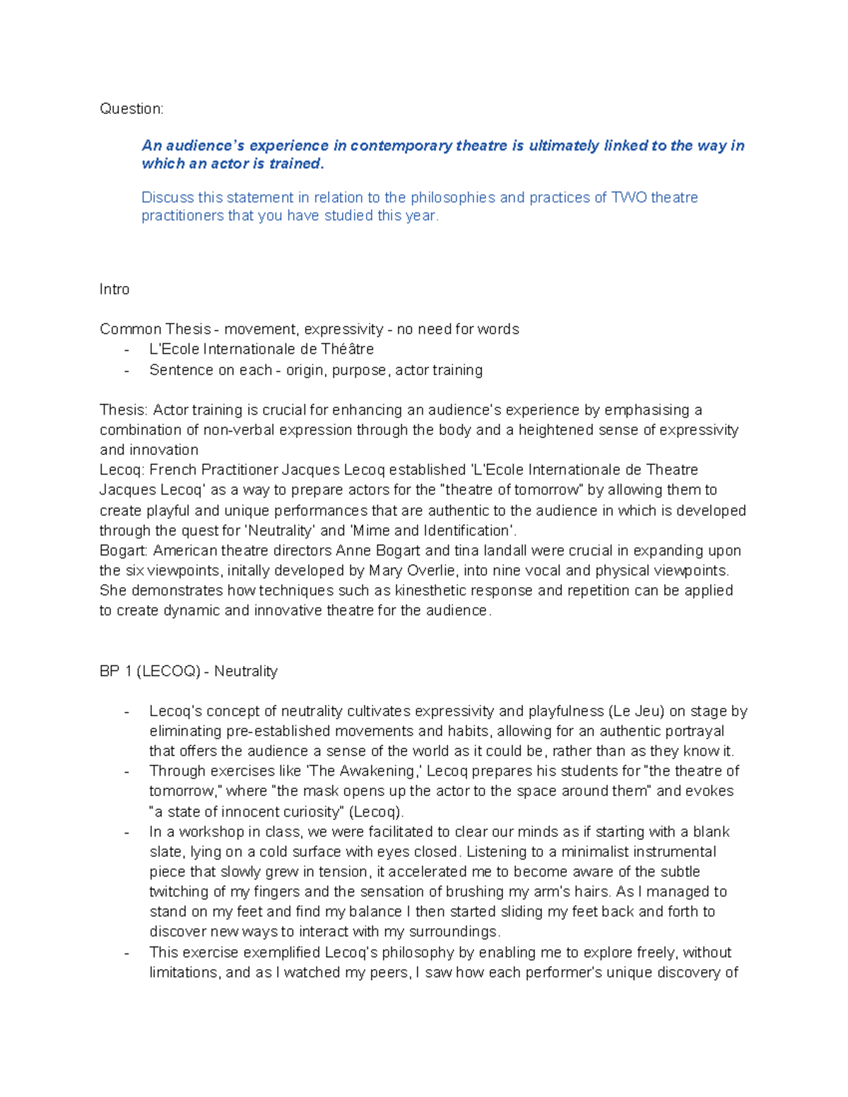 Drama Essay: Actor Training and Its Impact on Contemporary Theatre ...