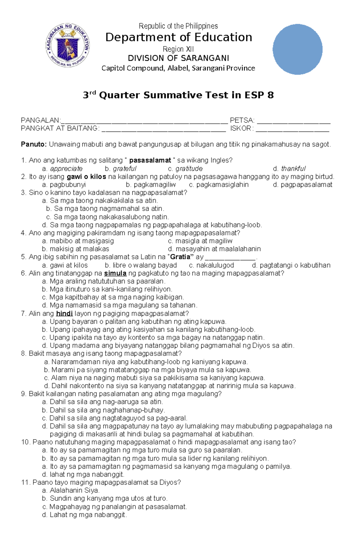 ESP8 Q3 ST - Exam - Republic of the Philippines Department of Education ...