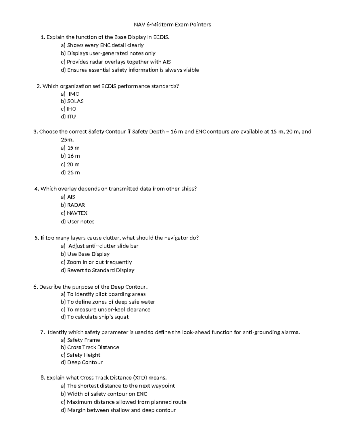 NAV 6q Midterm Exam Pointers: ECDIS Functions & Safety Parameters - Studocu