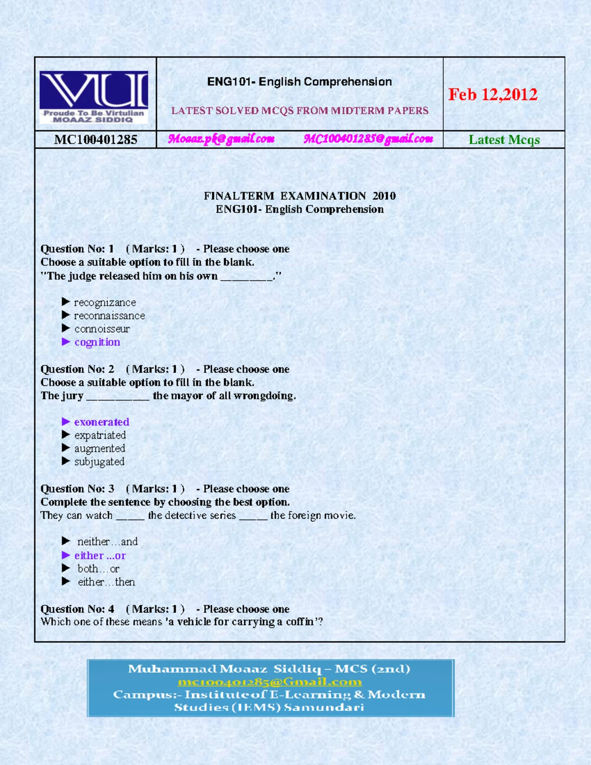 ENG101 Mid Term Past Papers Mega File-1( Study WITH Hamza) - ENG1 01 Mid Term Page 1 of 21 ...