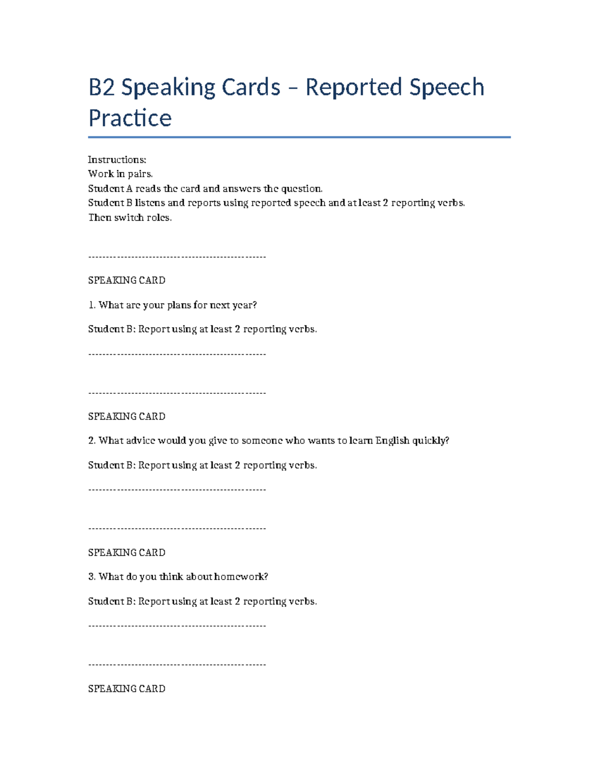B2 Speaking Cards: Reported Speech Practice Instructions - Studocu