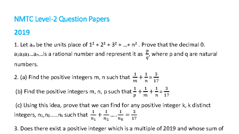 NMTC Level 2 Question Papers 2019: Comprehensive Solutions - Studocu