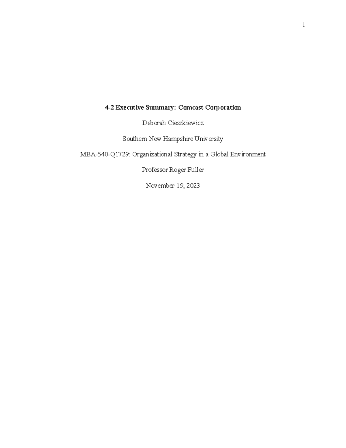 MBA-540-Q1729: 4-2 Executive Summary on Comcast Corporation - Studocu