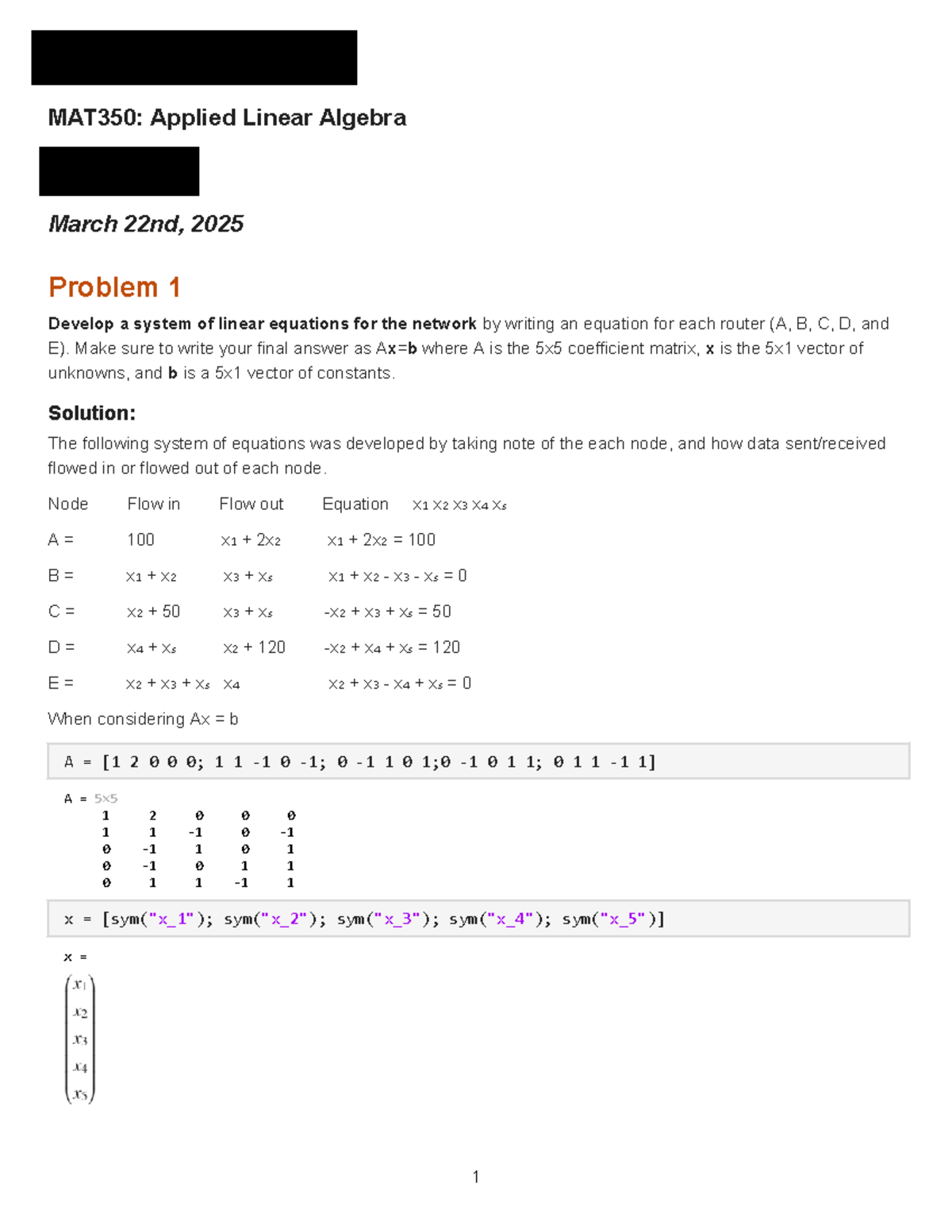 Lopez Project One MAT350: Applied Linear Algebra Solutions and Analysis ...