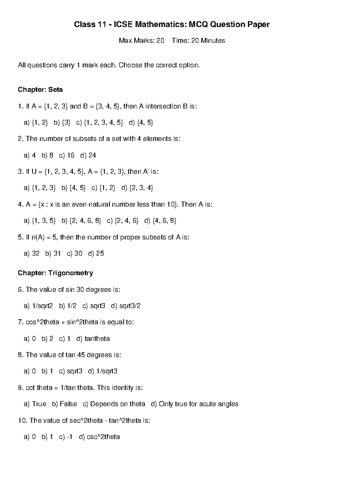Class 11 ICSE Mathematics: MCQ Question Paper on Sets & Trigonometry ...