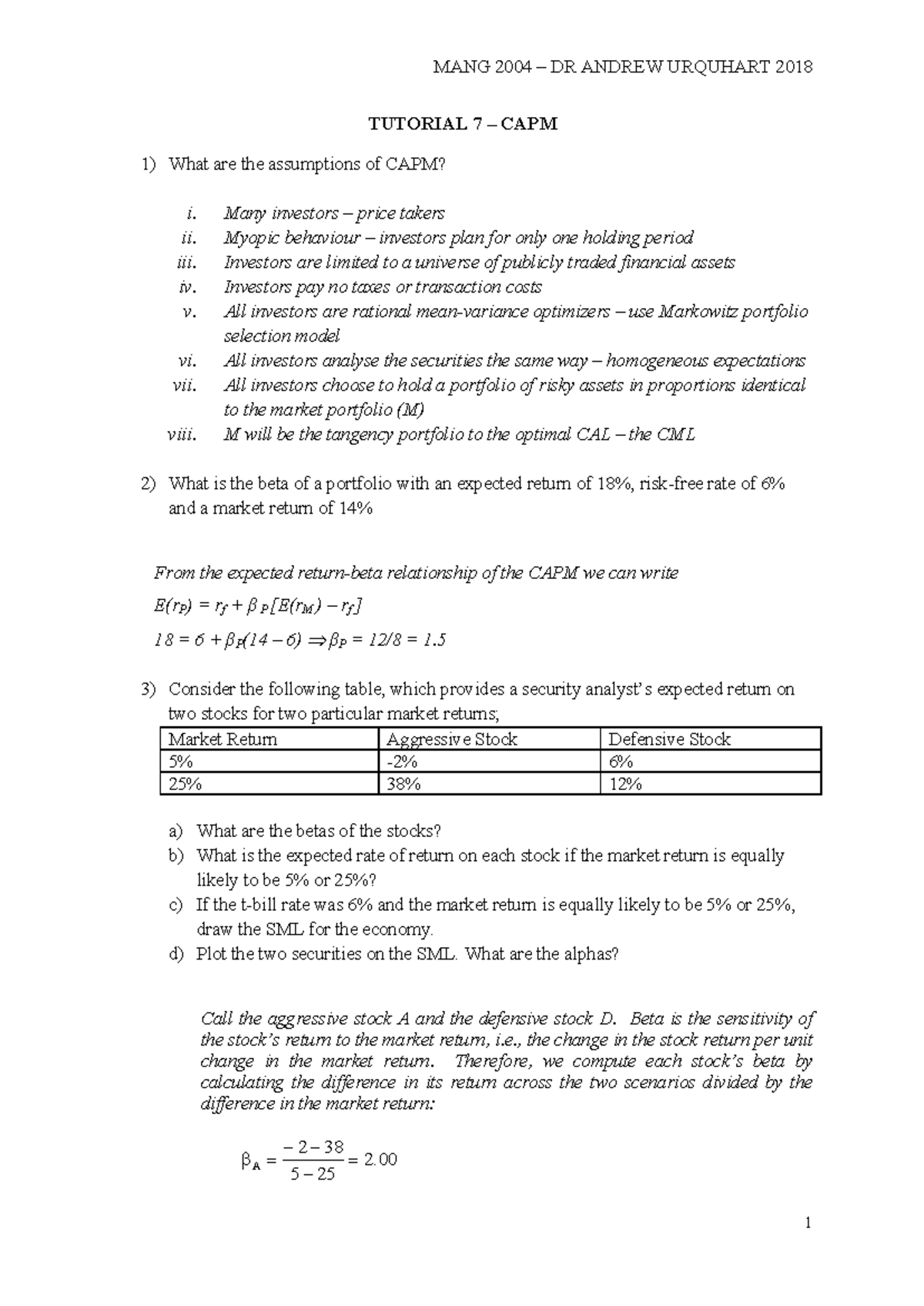 Tutorial 8 CAPM answers - TUTORIAL 7 – CAPM What are the assumptions of ...
