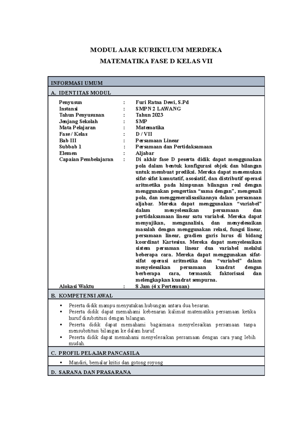 Modul Matematika Kelas VII: Persamaan Linear Satu Variabel 2 - Studocu