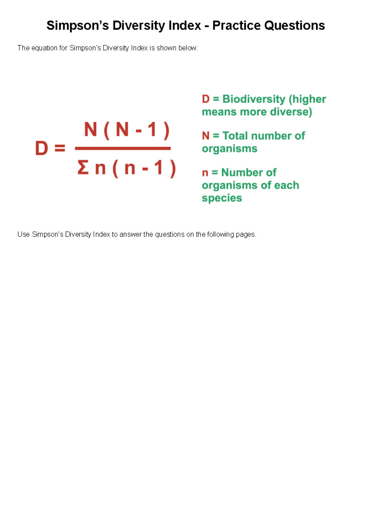 Simpsons Diversity Index Practice Questions - Studocu