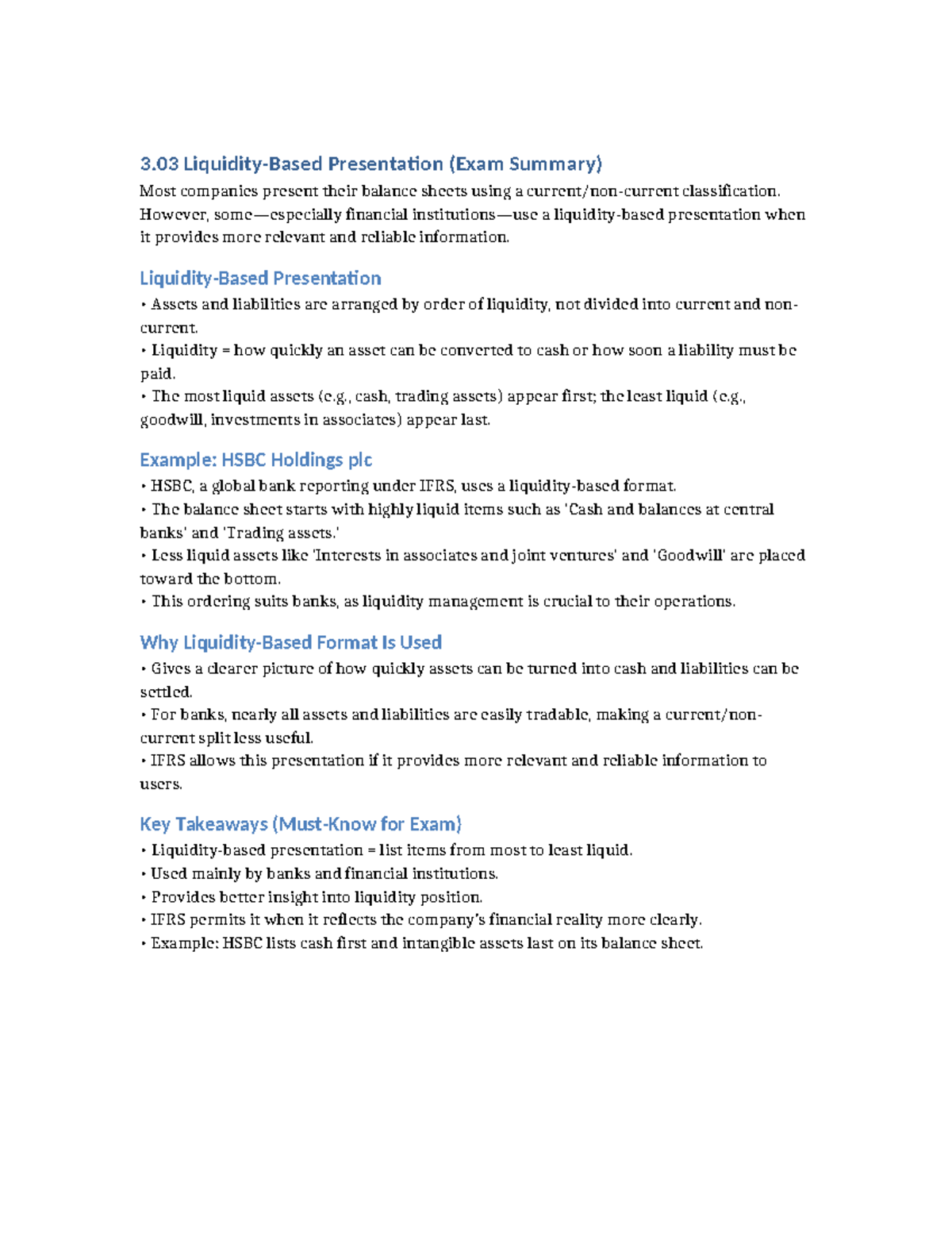 3.03 Exam Summary: Liquidity-Based Presentation of Balance Sheets - Studocu
