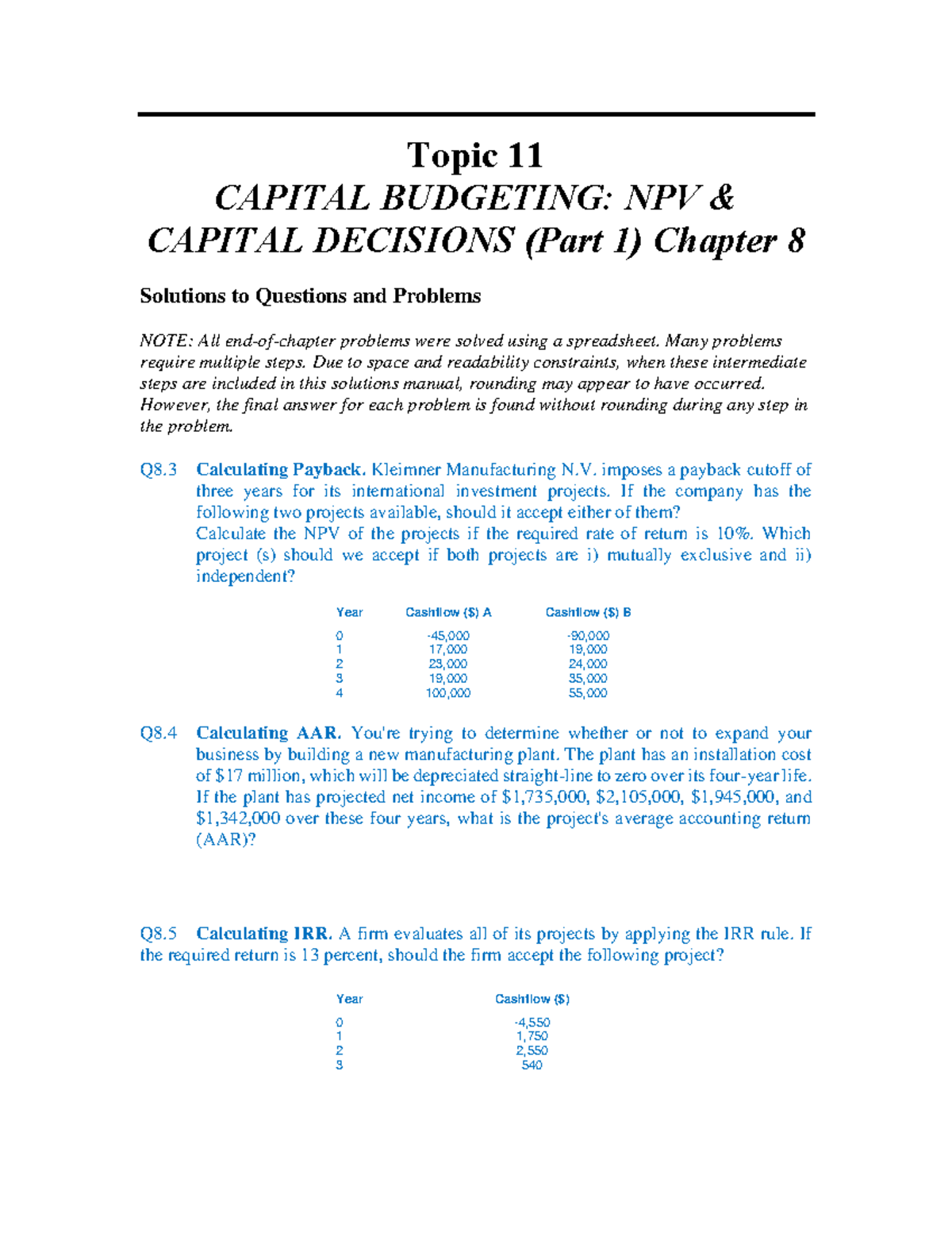 Topic 11: Capital Budgeting NPV Decisions (Ch. 8 & 9 Solutions) - Studocu