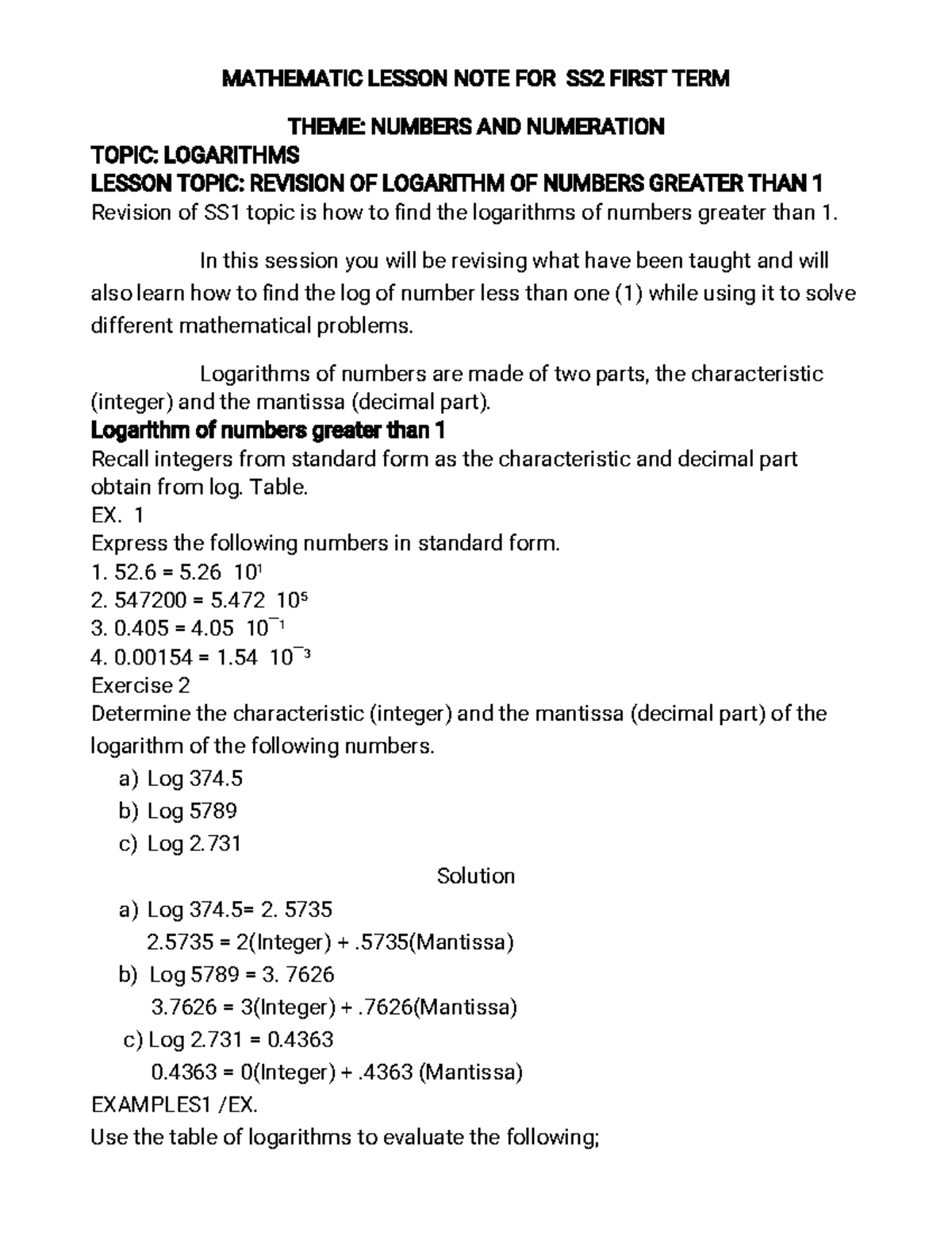 SS2 MATHEMATICS LESSON NOTES: LOGARITHMS REVISION AND EXAMPLES - Studocu