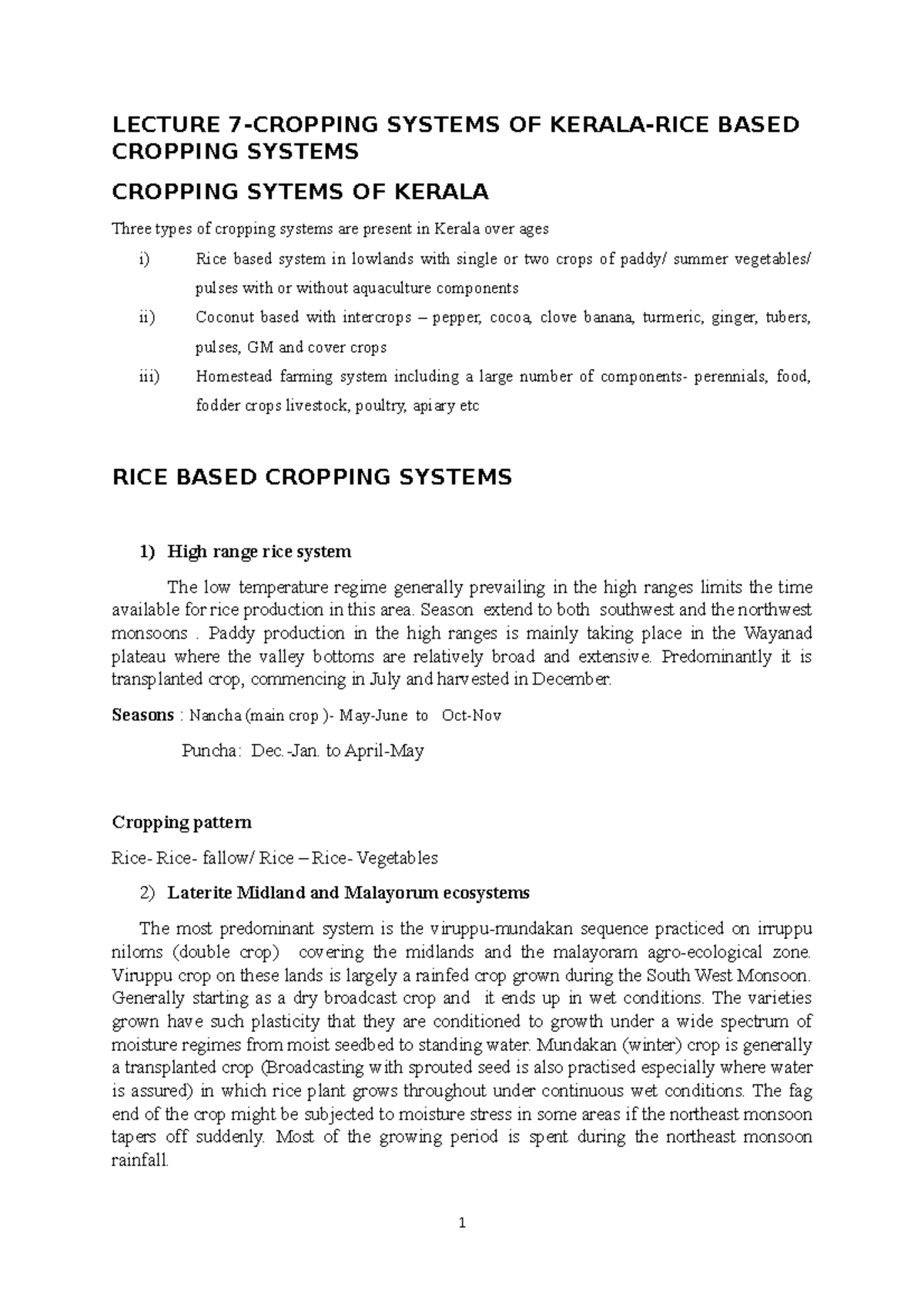 Lecture 7- Cropping Systems OF Kerala-RICE Based Cropping Systems ...