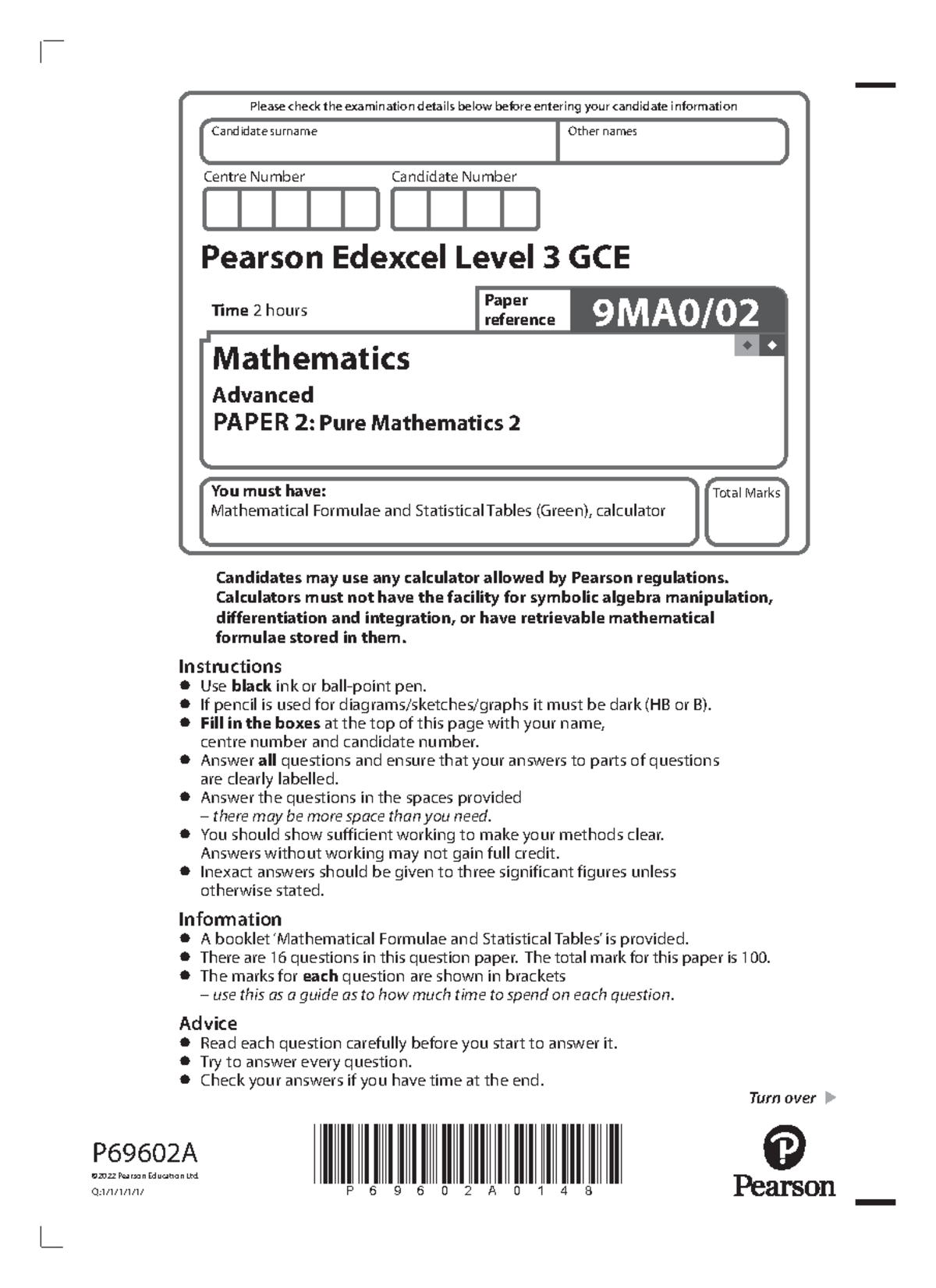 Edexcel A Level Maths 9MA0/ Paper 2 (Pure Maths) June 2022 QP - Studocu