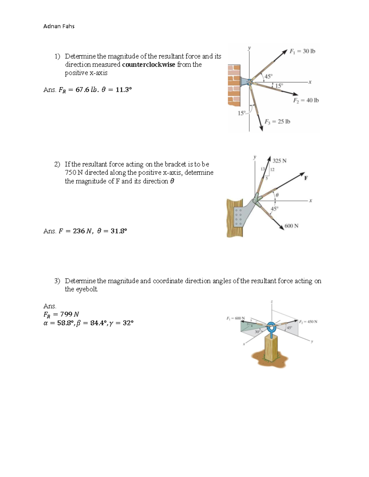 Chapter 2 Practice Test: Resultant Force Calculations and Directions ...