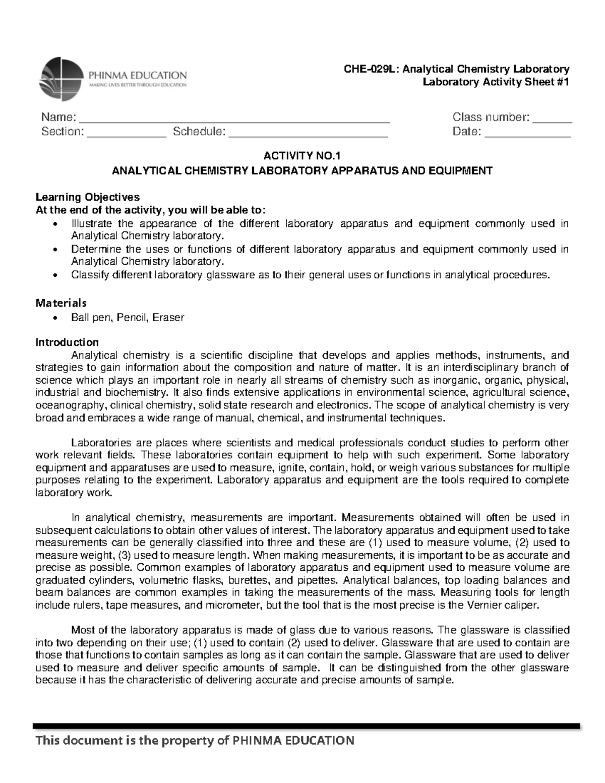 LAS1 CHE 029L - Analytical Chemistry Lab: Apparatus & Equipment Guide ...