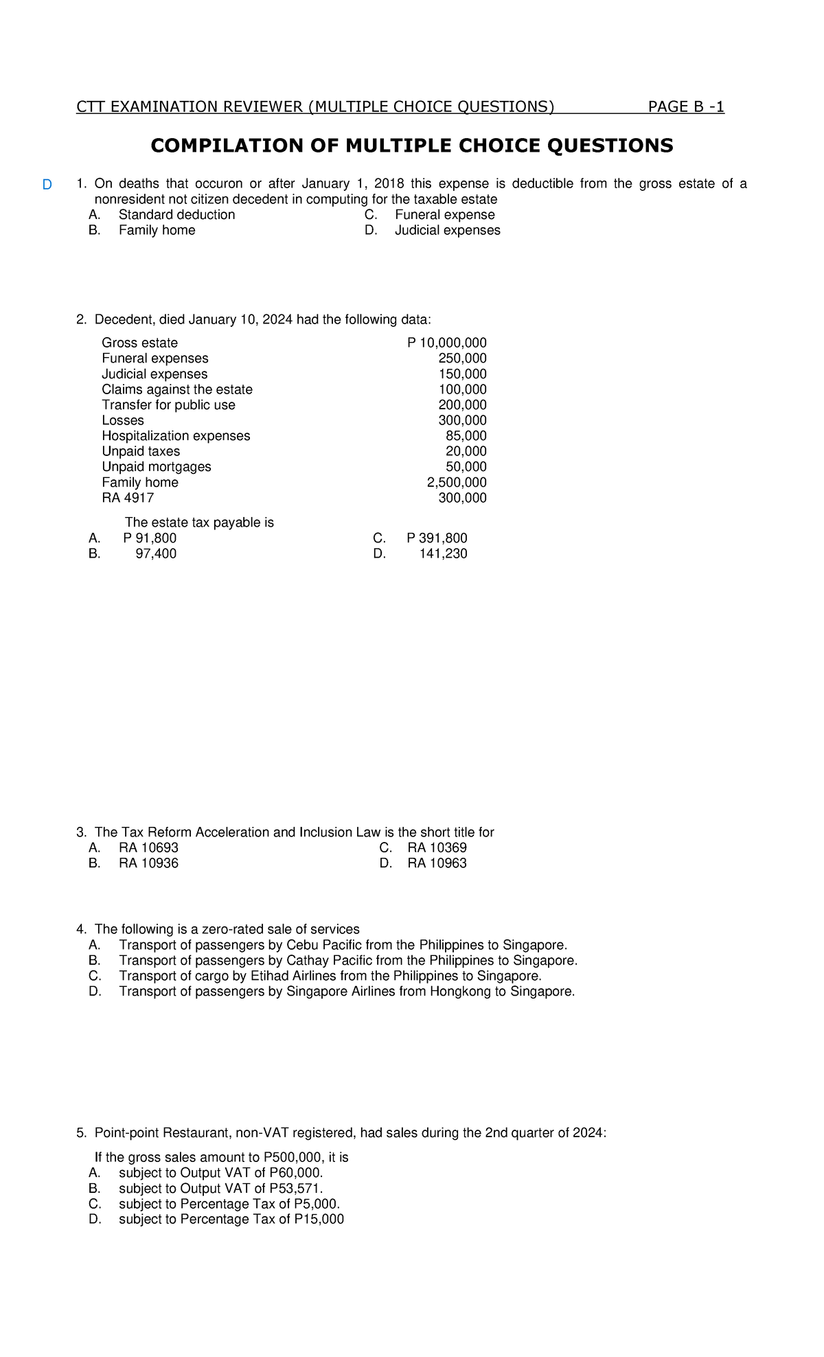 CTT exam questionaire - COMPILATION OF MULTIPLE CHOICE QUESTIONS 1. On ...