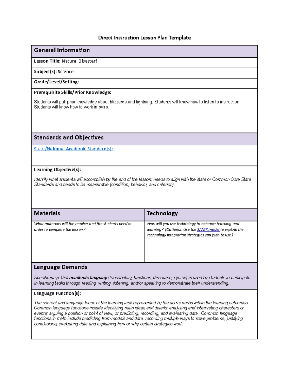 Natural Hazards Monday lesson - Direct Instruction Lesson Plan Template ...