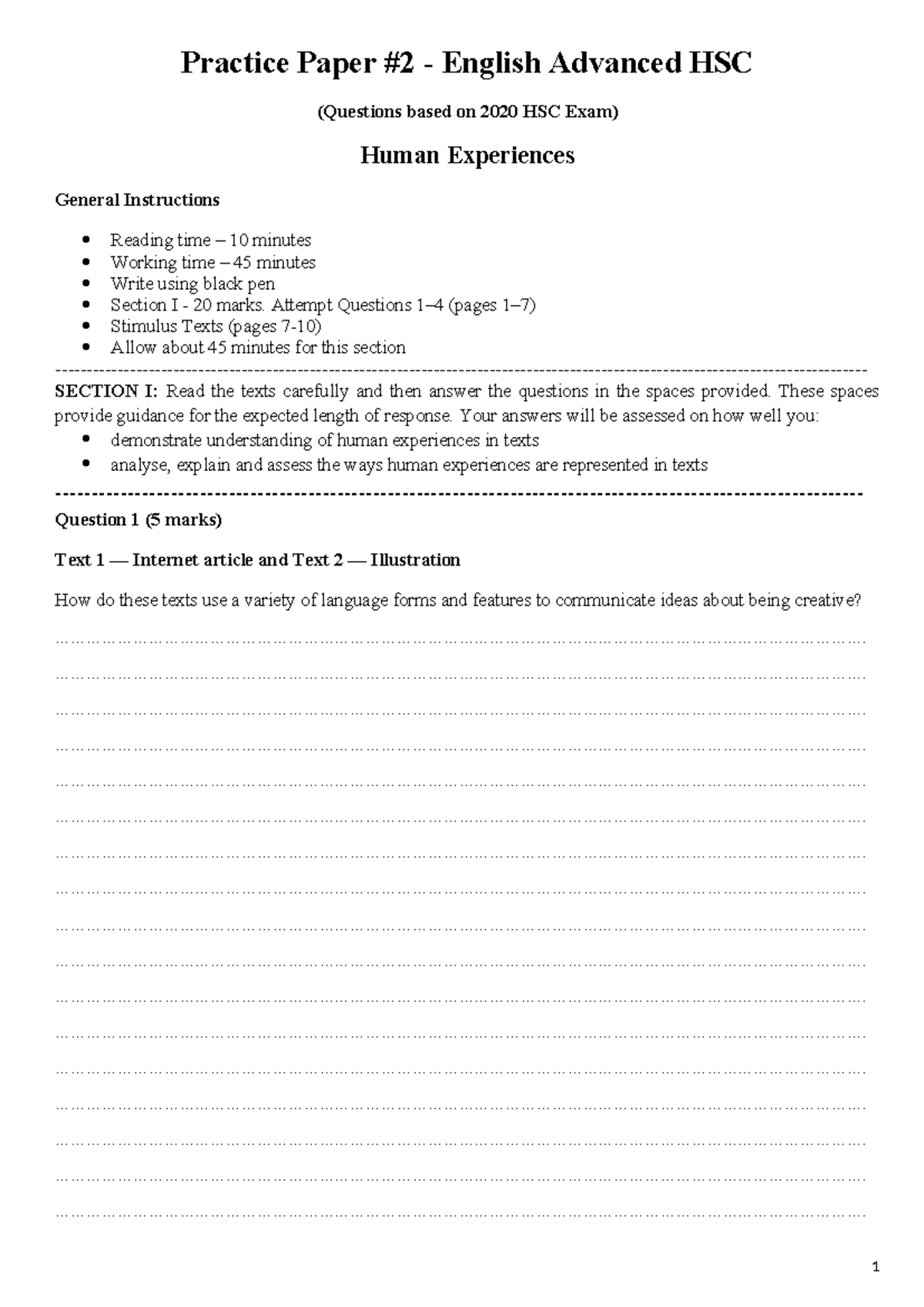 Practice Paper #2: English Advanced HSC - Human Experiences Analysis ...