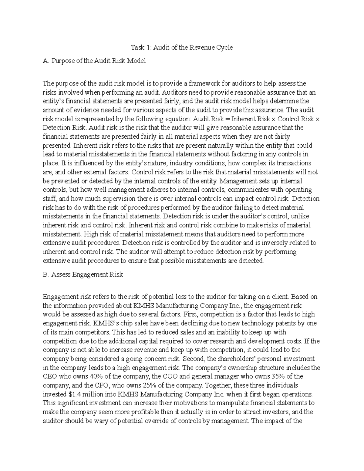 D251 Task 1 - Audit Risk Model and Engagement Risk Analysis - Studocu