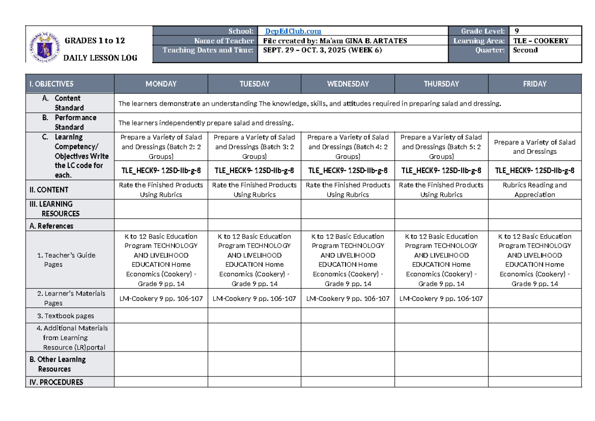 DLL TLE-Cookery 9 Q2 W6: Daily Lesson Log and Objectives - Studocu