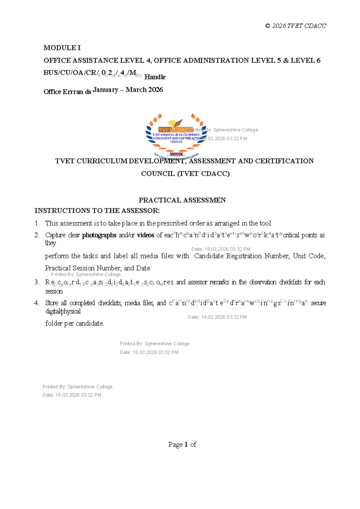 2026 TVET CDACC Practical Assessment: Office Errands Checklist - Studocu
