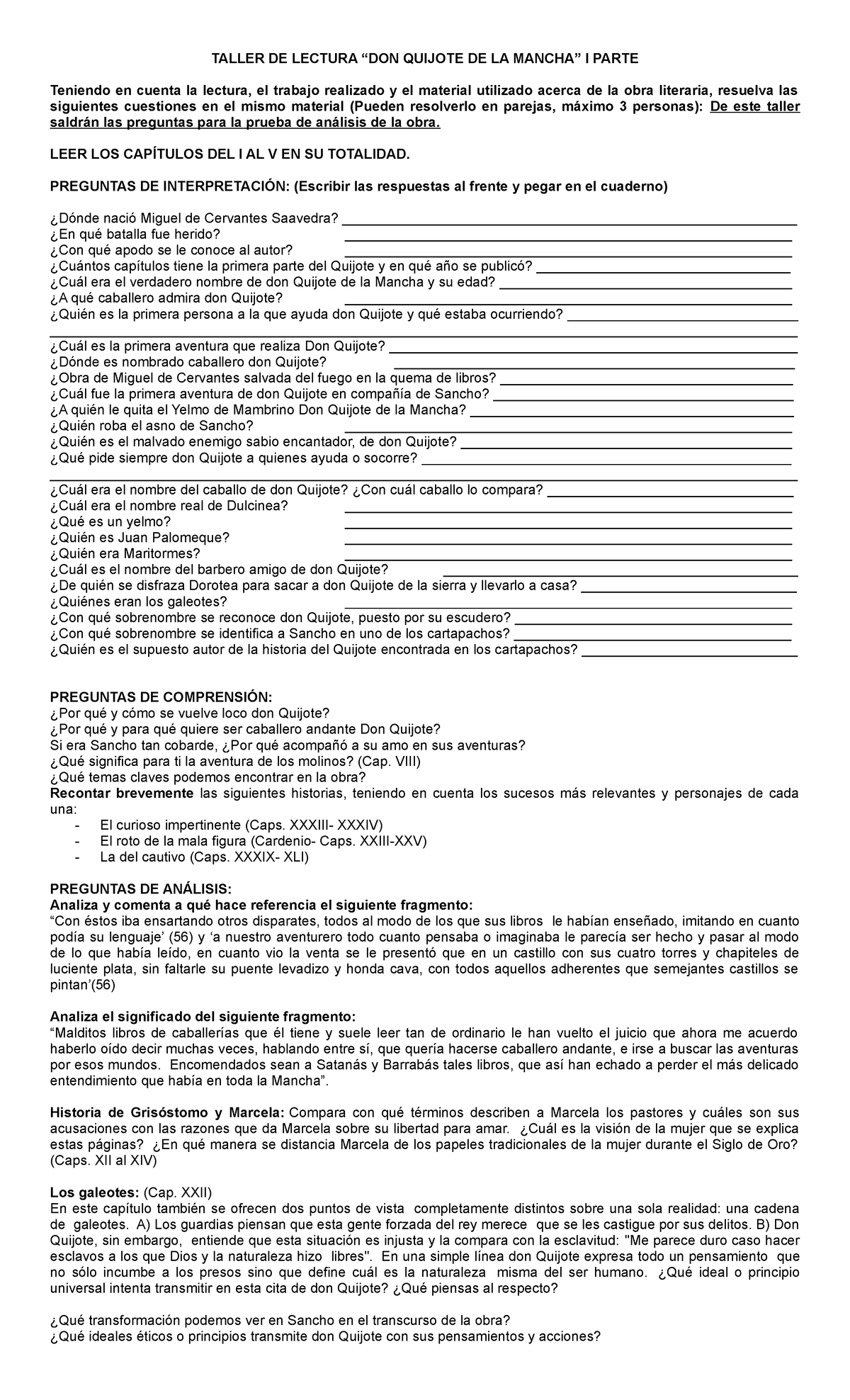 Taller de Lectura y Análisis: Don Quijote I Parte - Preguntas y Temas ...