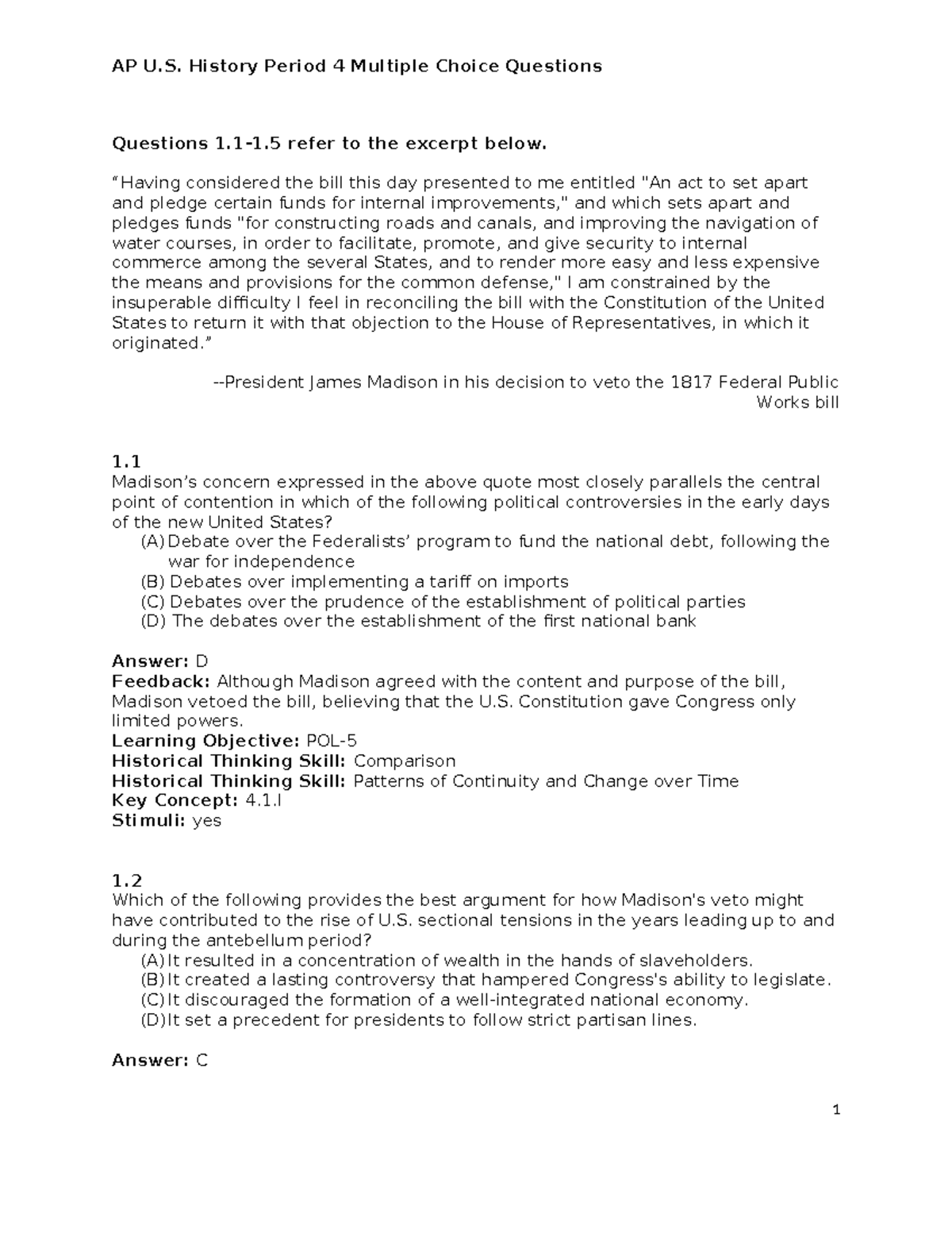 APUSH Period 4 MCQ Review: Madison's Veto & Social Movements - Studocu