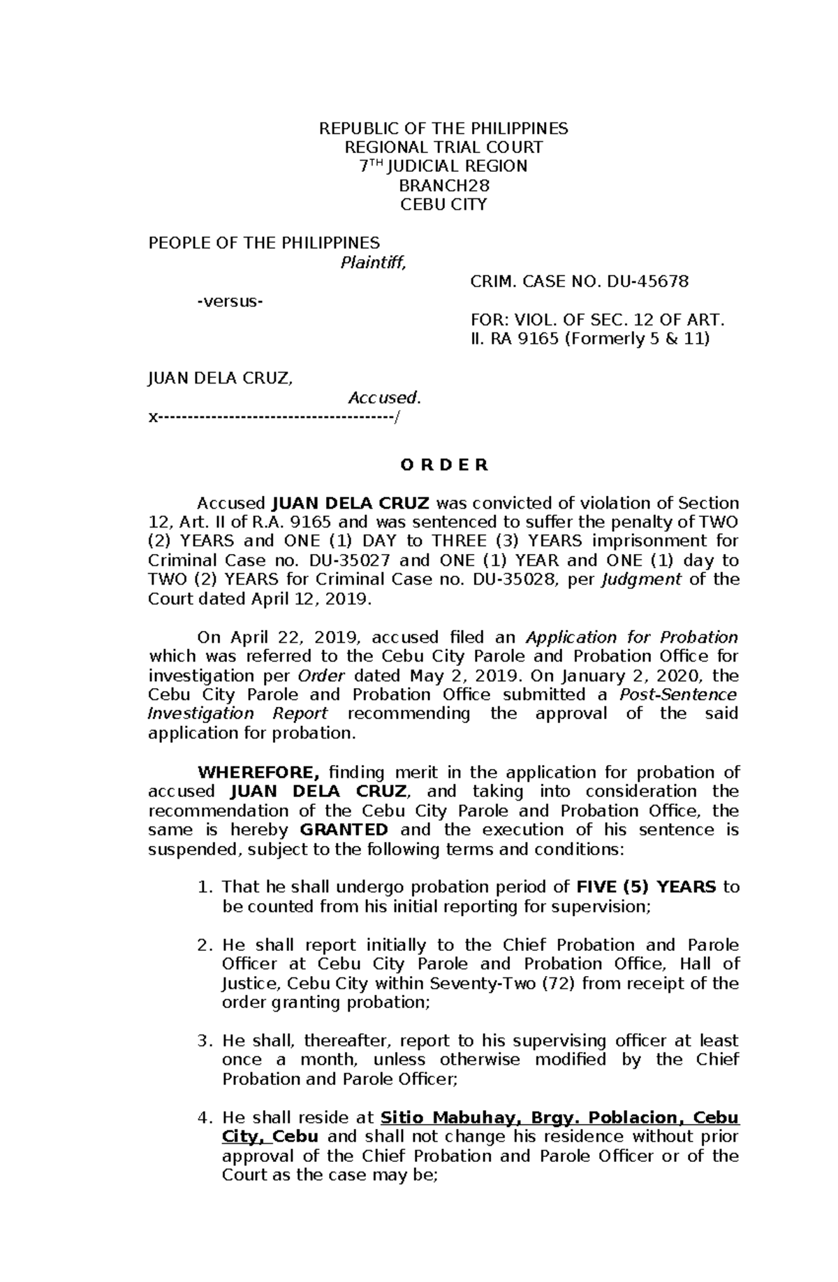 623501542 Order Granting Probation to Juan Dela Cruz - Studocu