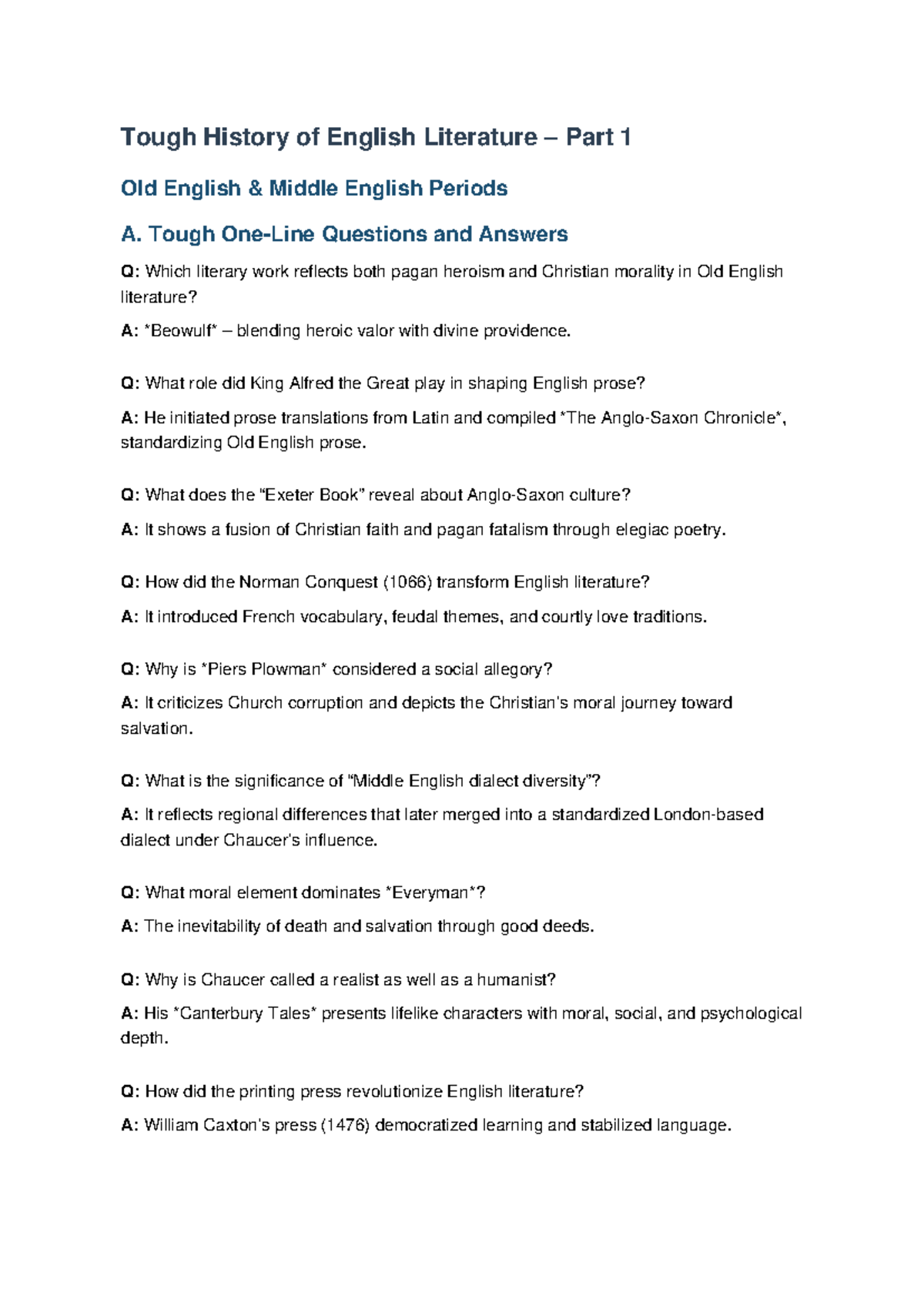 Tough English Literature QA: Old to Modern Periods Insights - Studocu