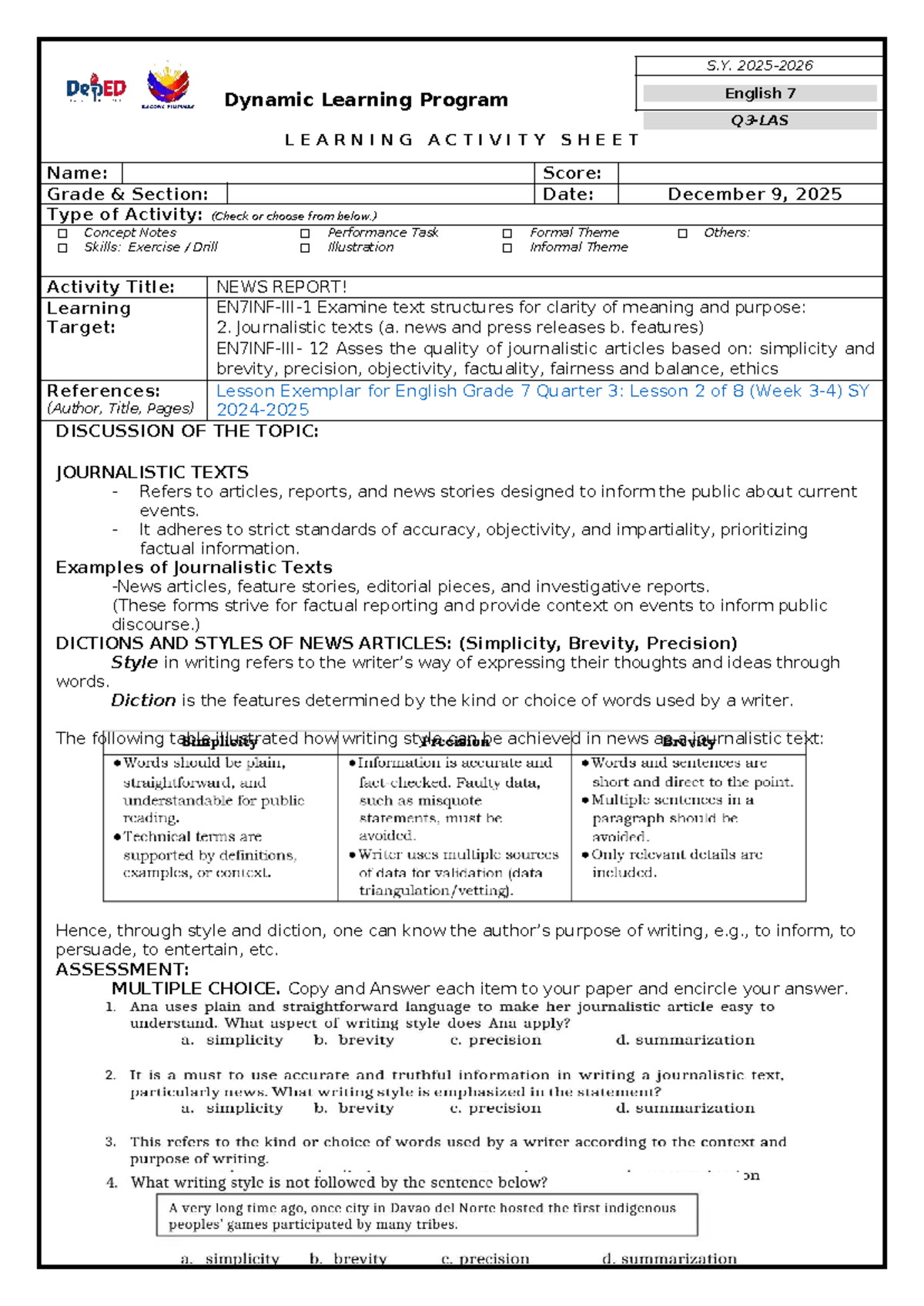 S.Y. English 7: Learning Activity Sheet on Journalistic Texts - Studocu