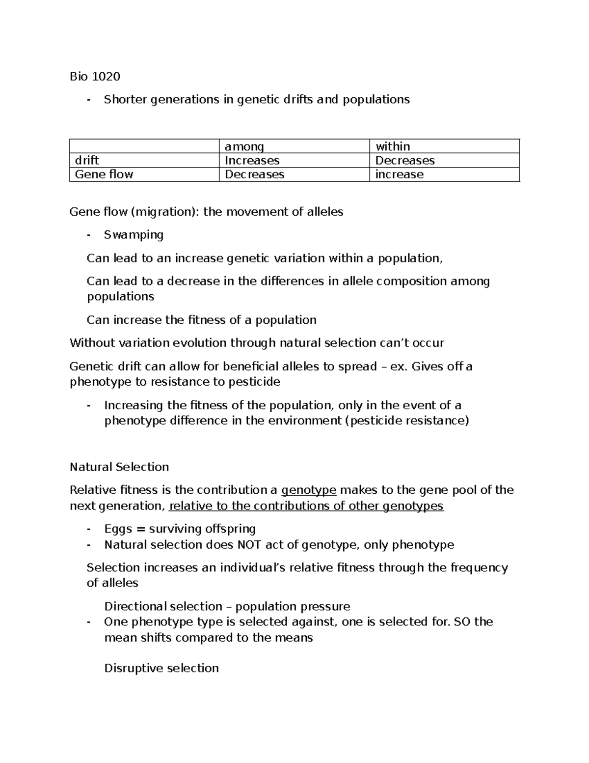 Bio 1020 - Genetic Drift, Gene Flow, and Natural Selection Notes - Studocu