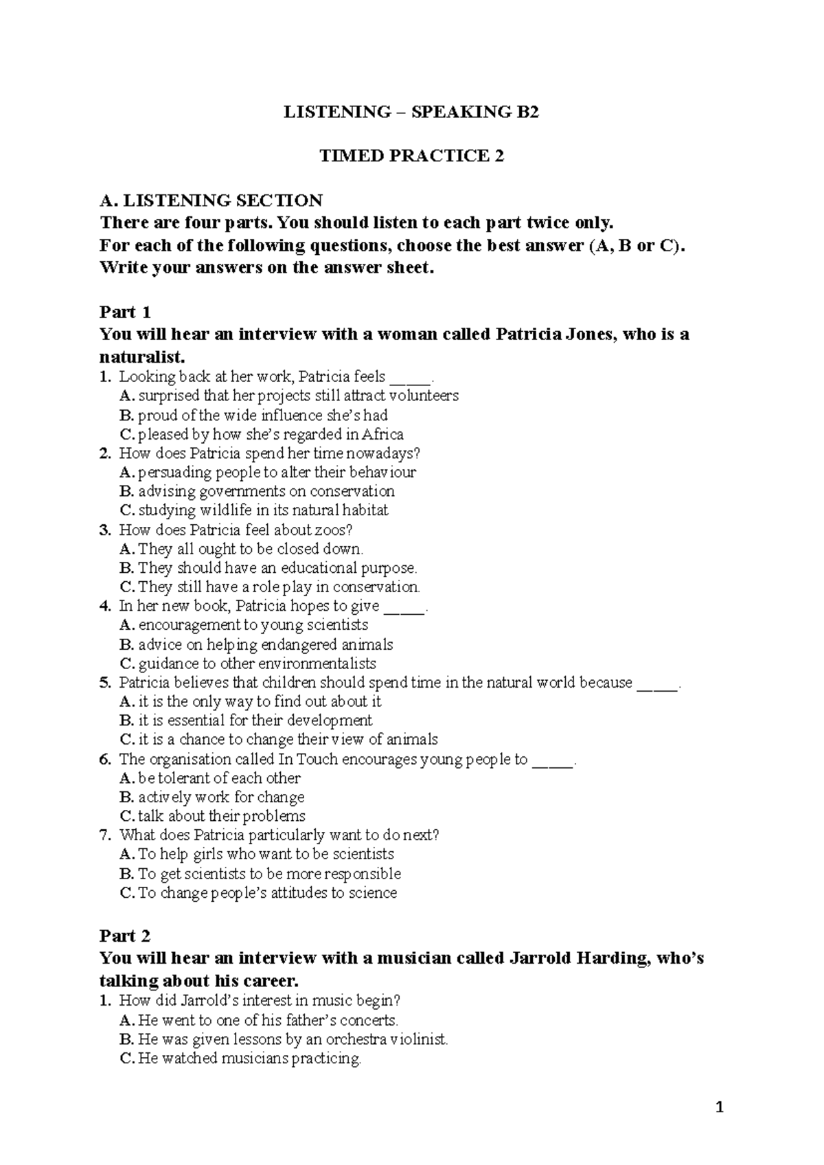 LS B2 Timed Practice 2: Listening & Speaking Exercises - Studocu