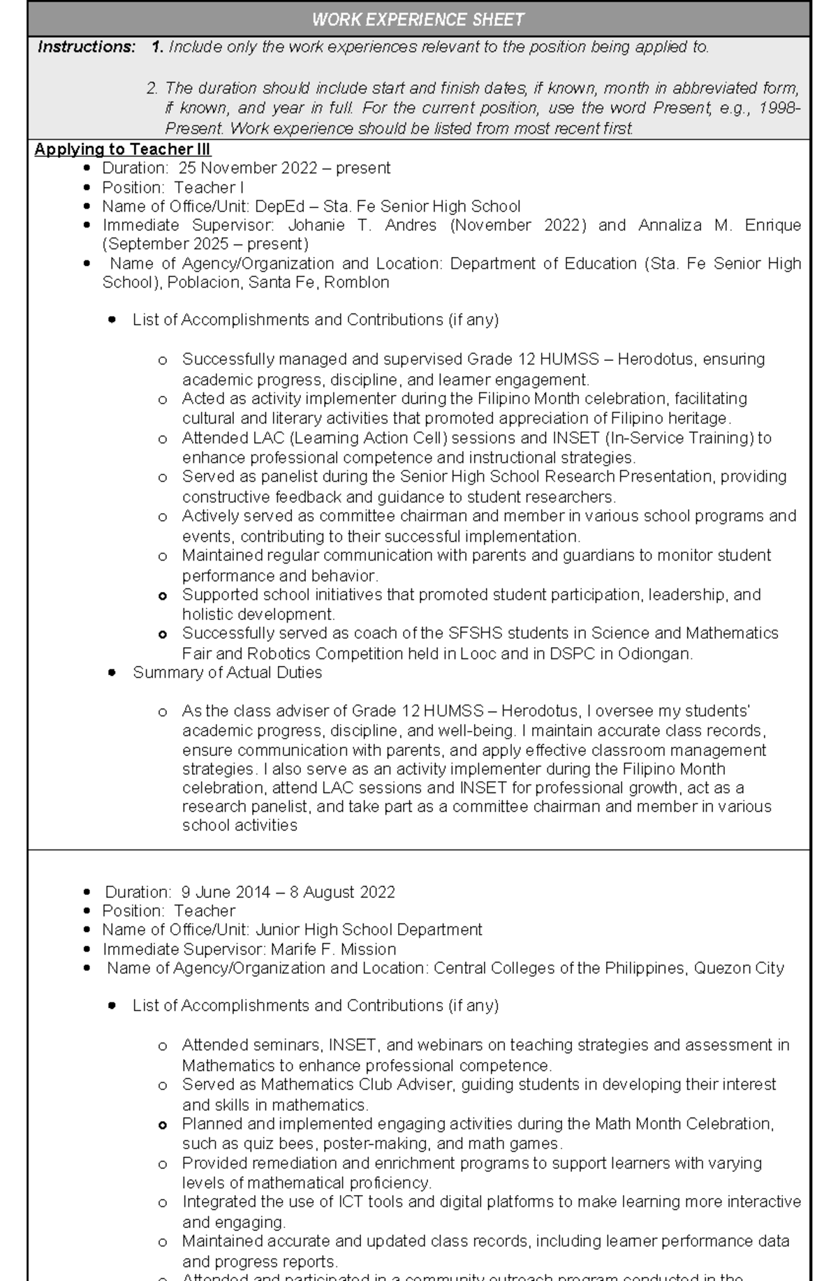 Work Experience Sheet for Teacher I Application (CS Form No. 212) - Studocu